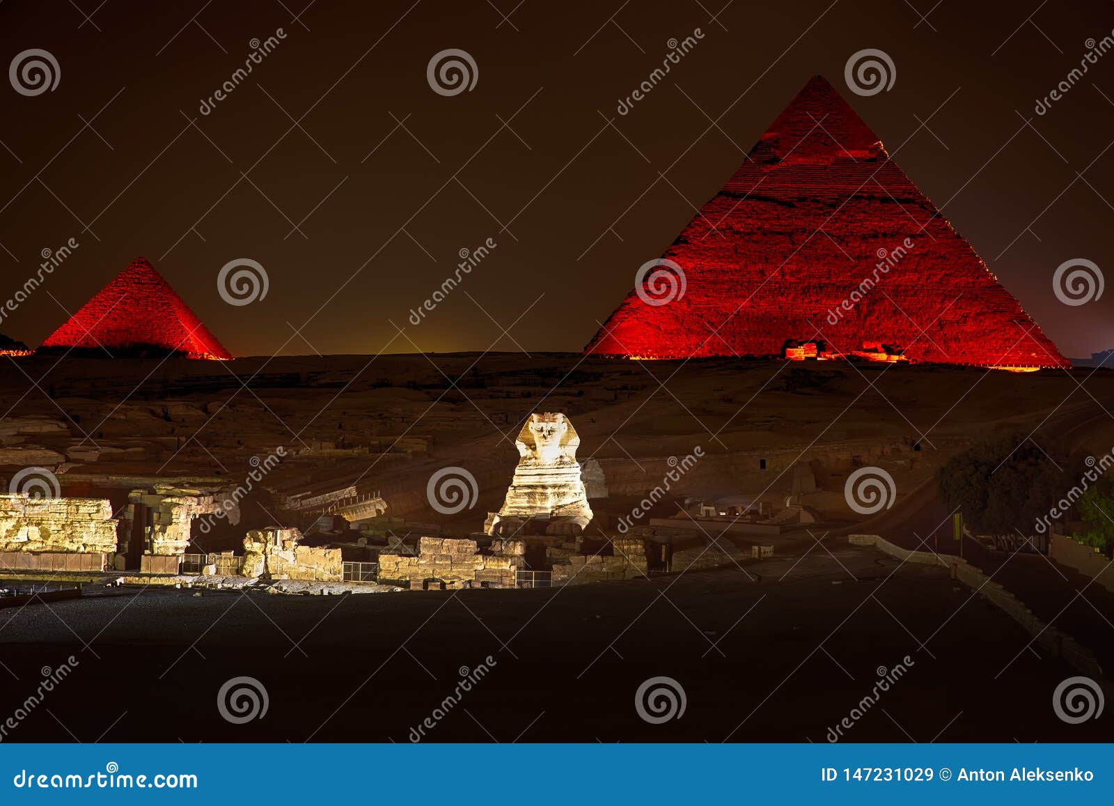 Night View on the Enlighted Pyramids of Giza, Egypt Stock Image - Image ...