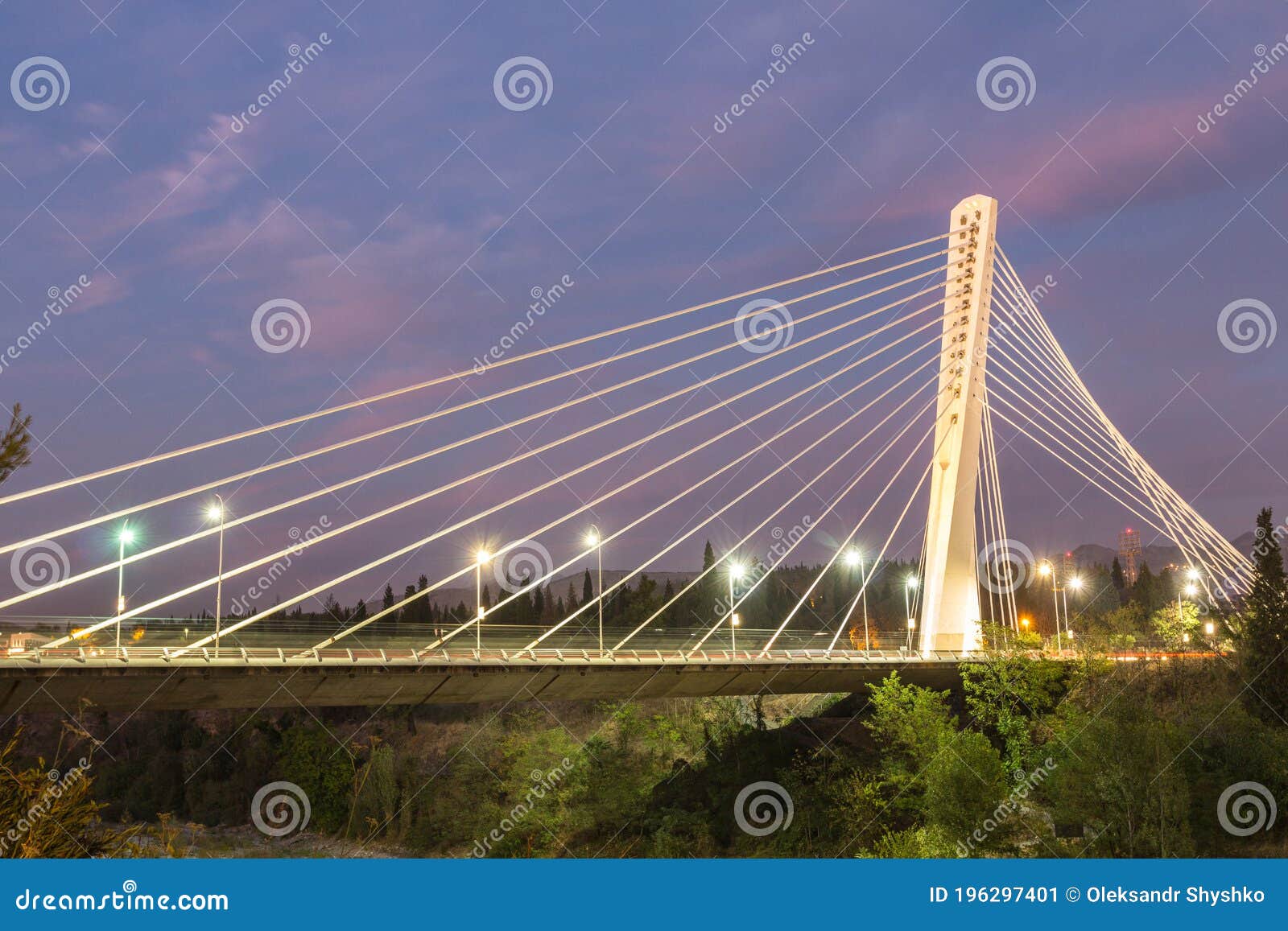 Night View on the Famous Cable-stayed Milenium Bridge in Podgorica ...