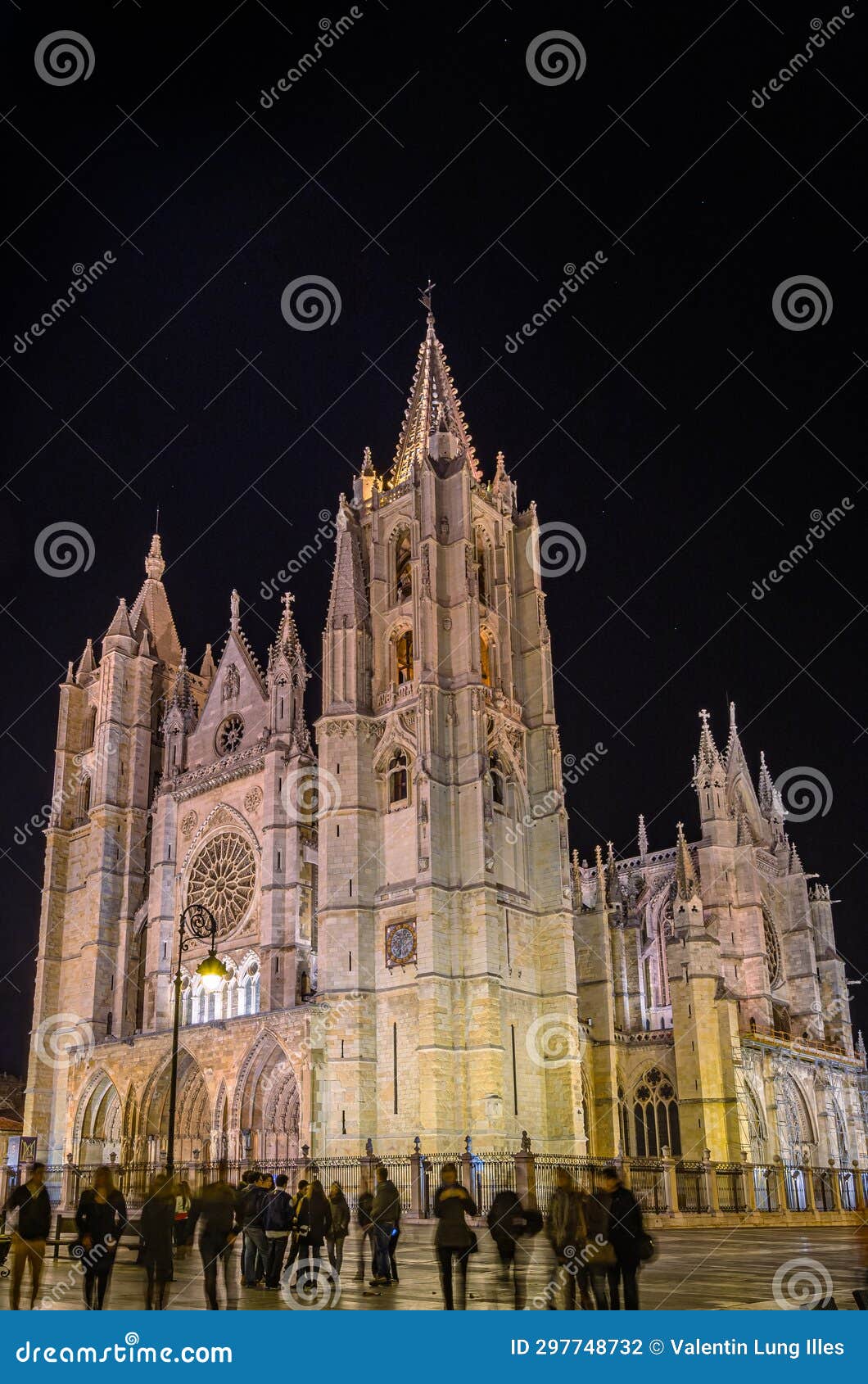 Night View of the Gothic Cathedral of Leon, Spain, with People in the ...