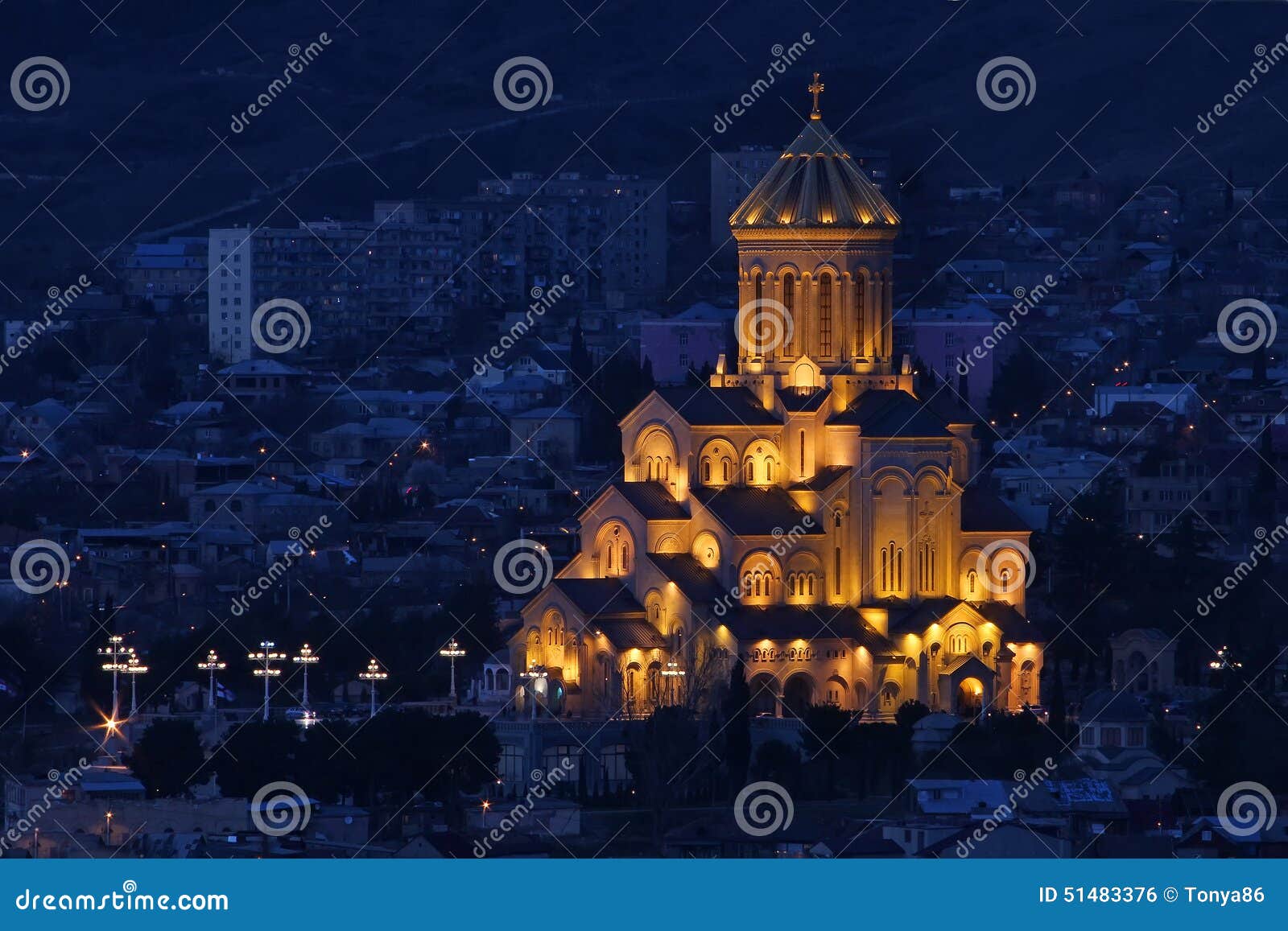 Night View of the Holy Trinity Cathedral of Tbilisi (Sameba) Stock ...