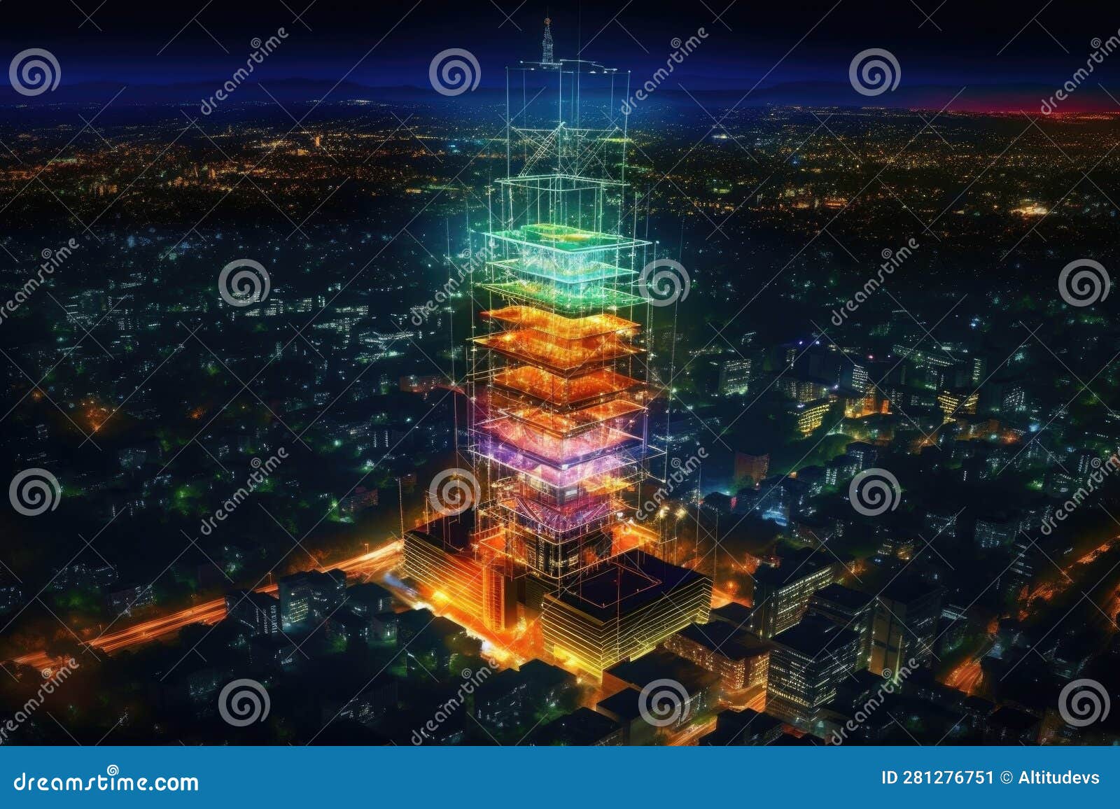 Night View of Illuminated 5g Network Tower Stock Illustration ...