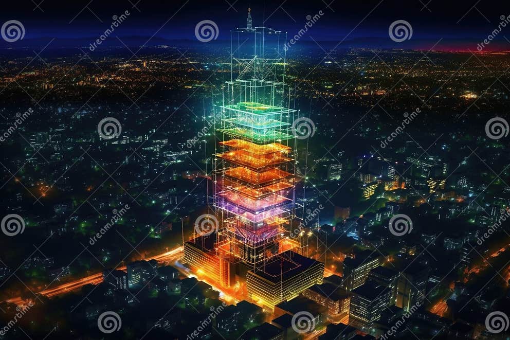 Night View of Illuminated 5g Network Tower Stock Illustration ...