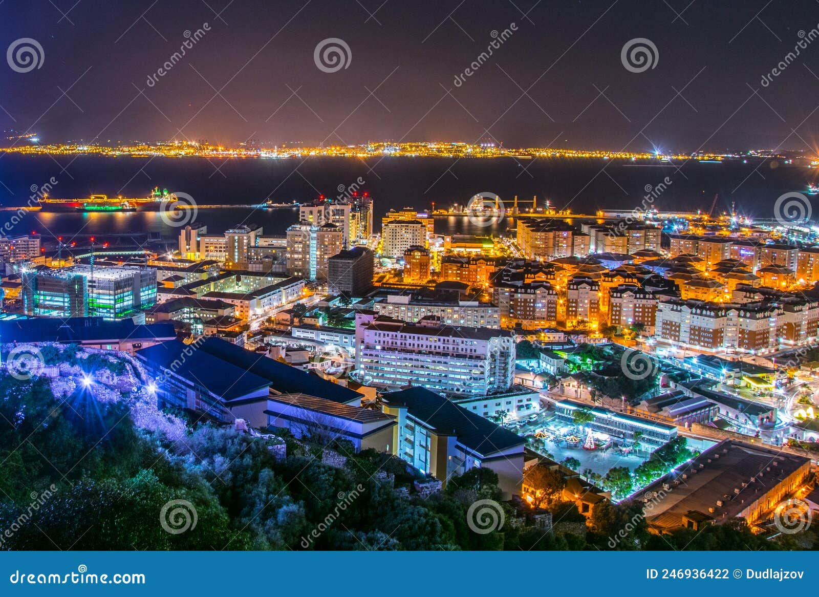 Night View of Illuminated Gibraltar and Algeciras Bay...IMAGE Stock ...