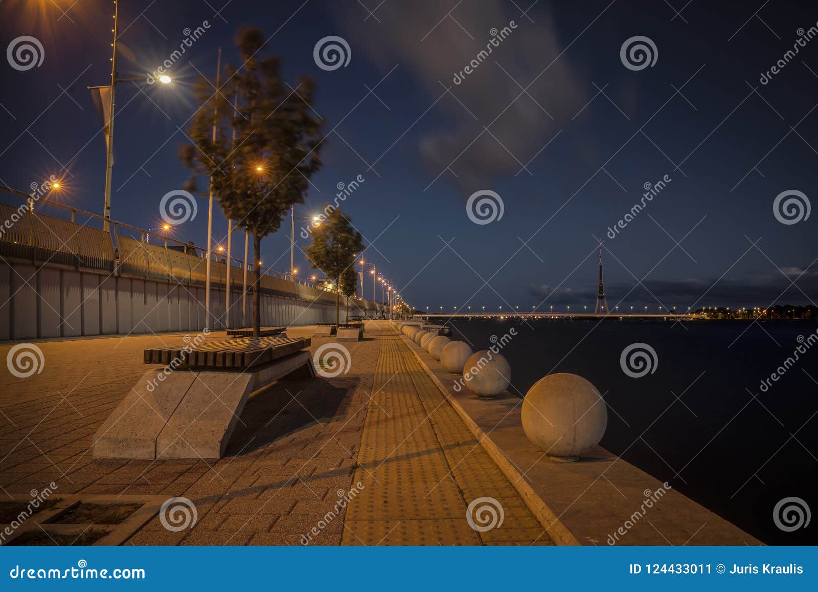 Night View on the Illuminated Riverside in Riga Stock Image - Image of ...