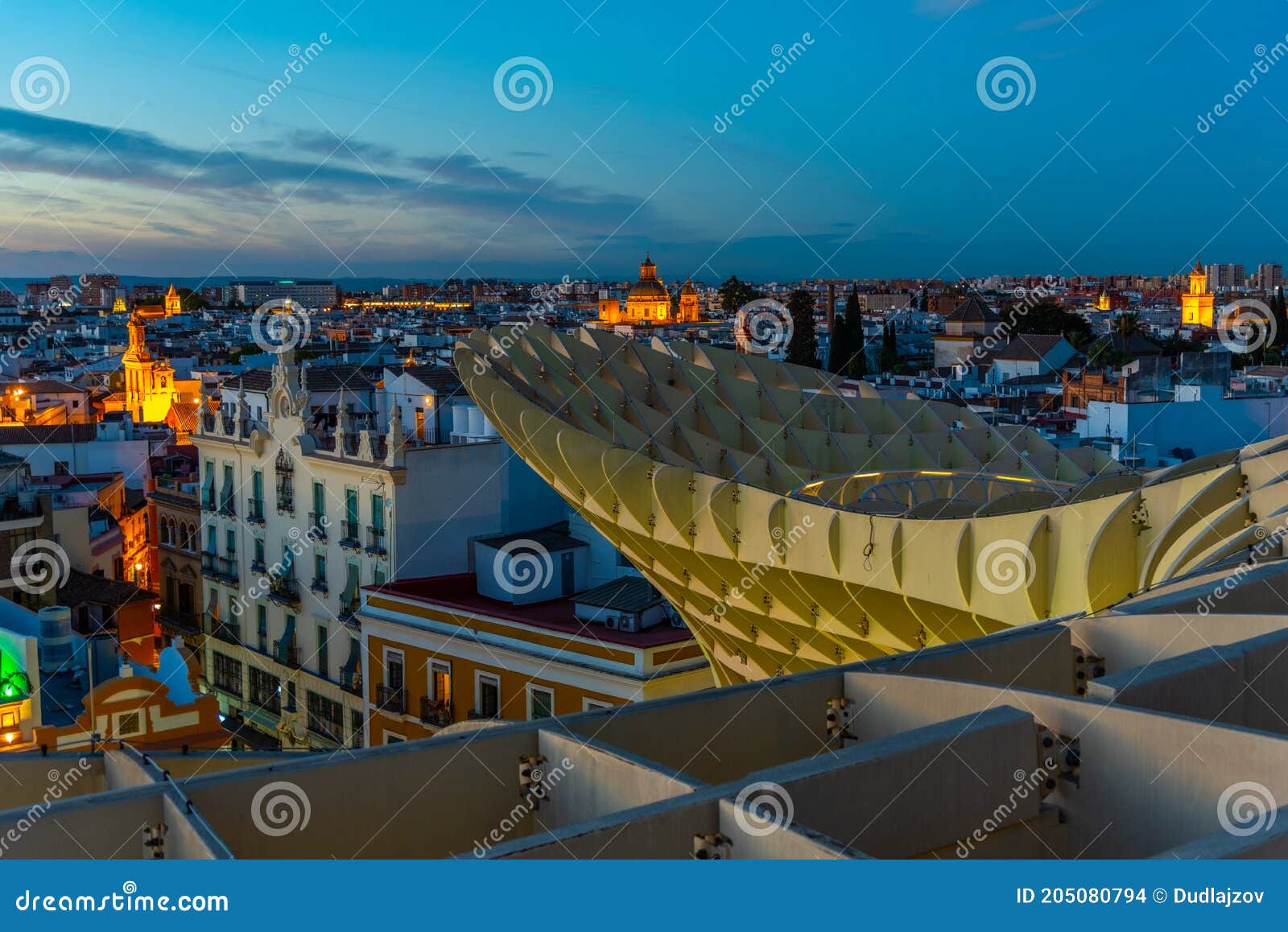 Night View of Illuminated Setas De Sevilla in Spain Stock Photo - Image ...