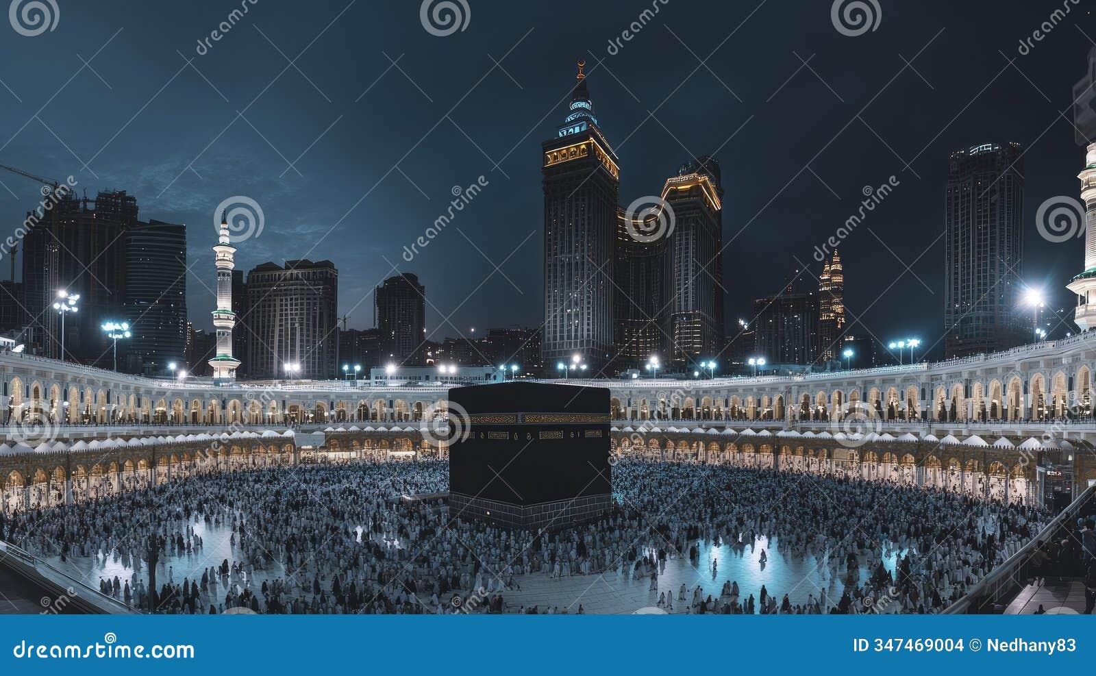 Night View of Kaaba and Clock Tower Stock Illustration - Illustration ...