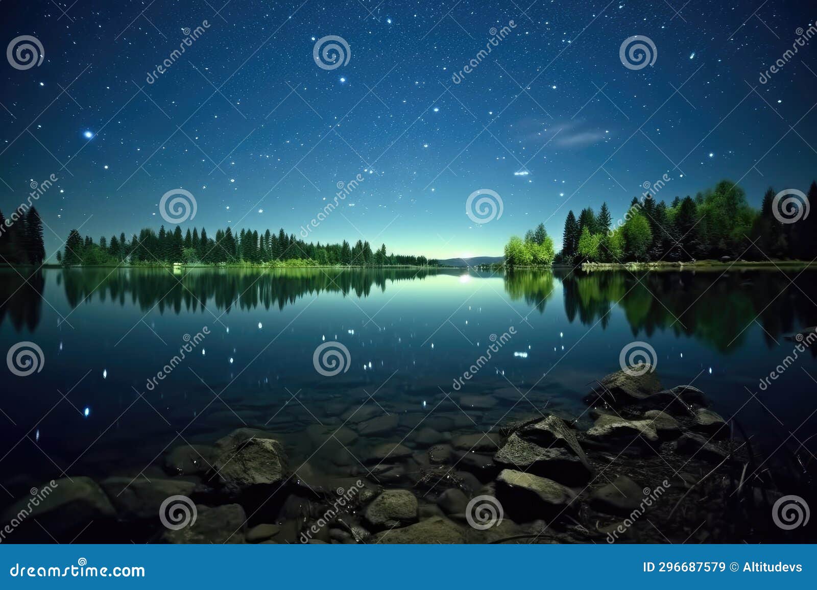 Night View of a Lake Reflecting Stars Stock Image - Image of view ...
