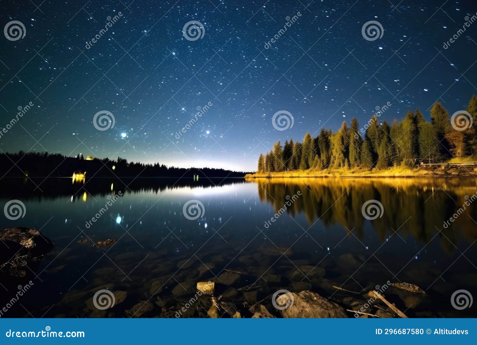 Night View of a Lake Reflecting Stars Stock Photo - Image of water ...