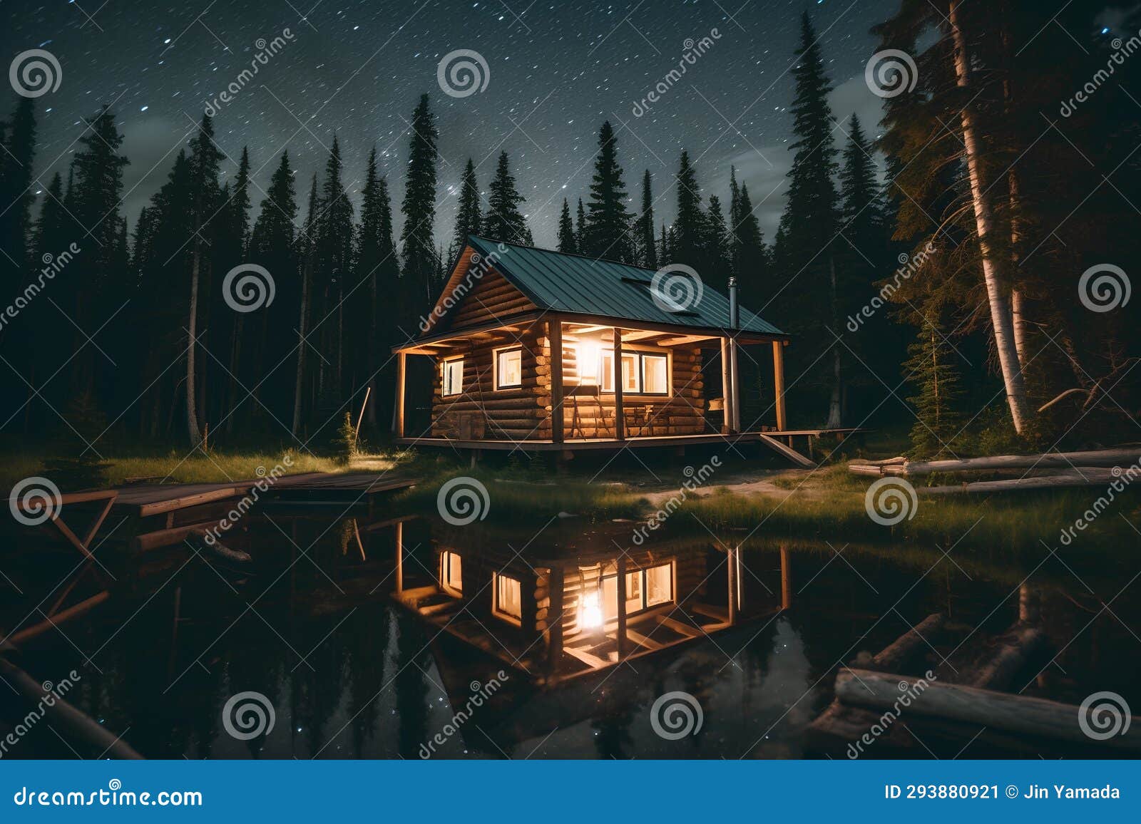 Night View of a Log Cabin on a Lake in the Forest. Stock Illustration ...