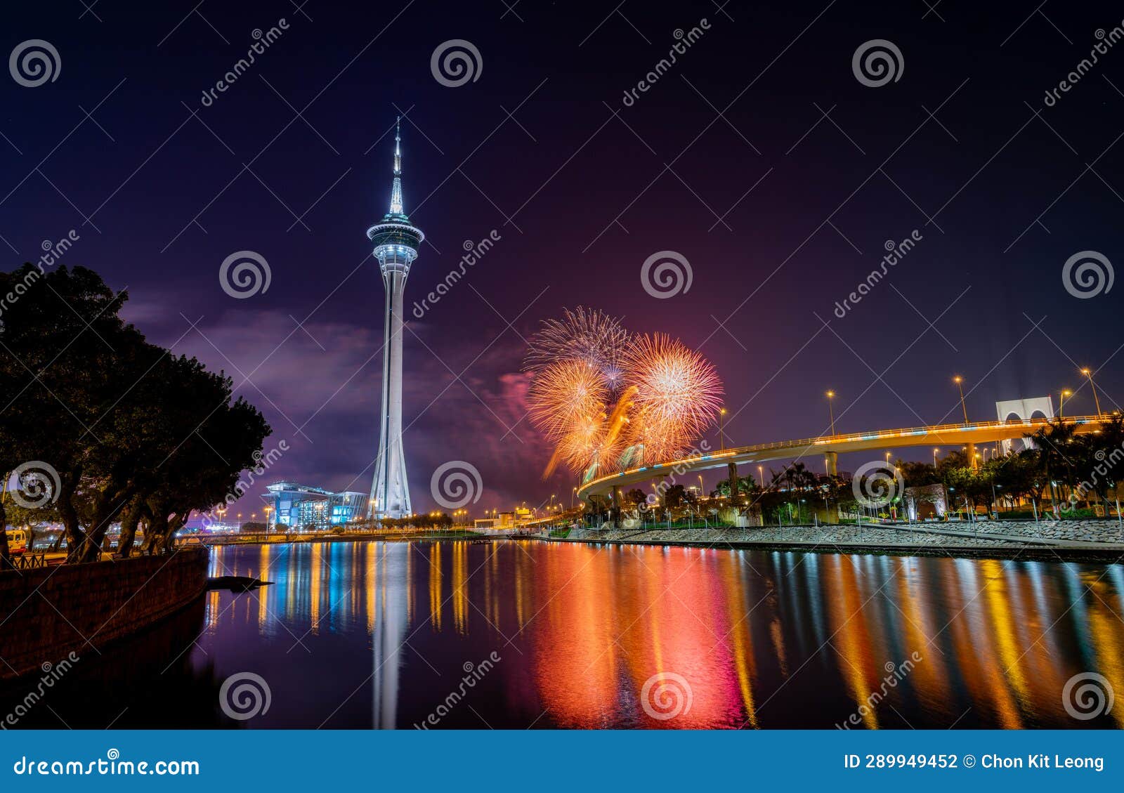 Night View of the Macau Tower with New Year Fireworks Stock Photo ...