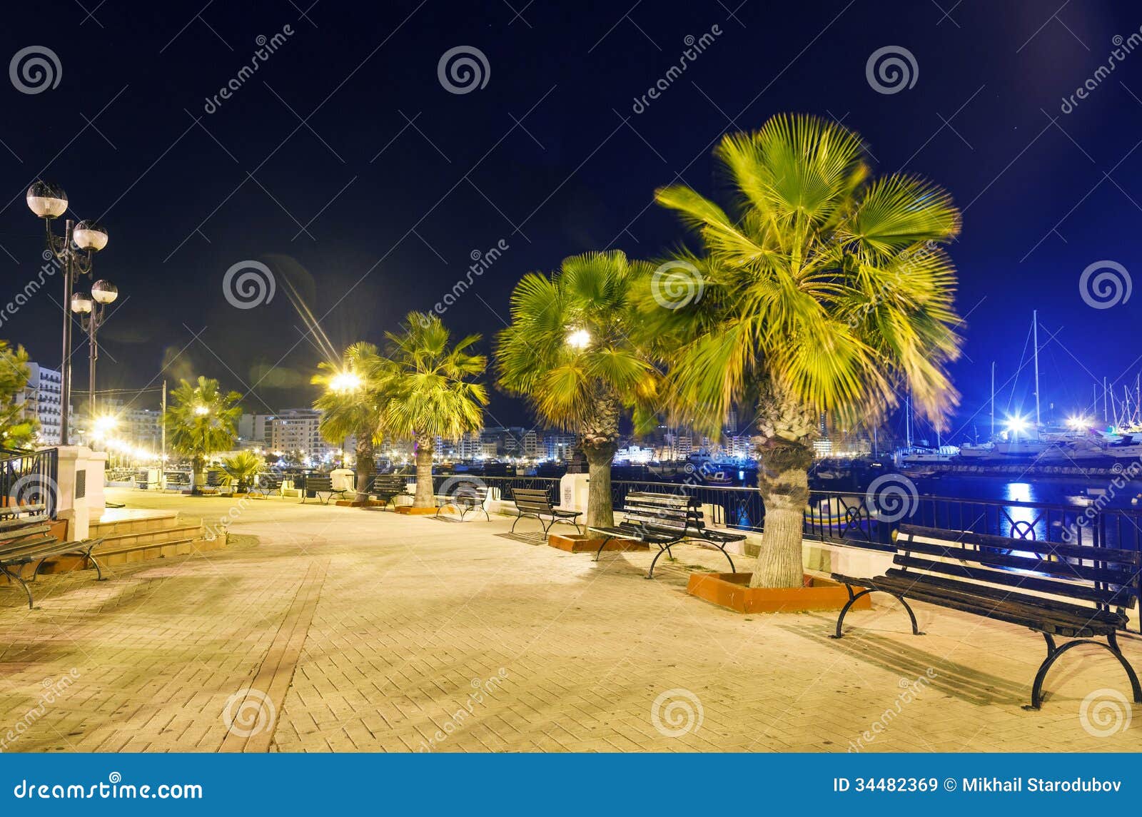 Night View Malta. Bench and Lantern Stock Image - Image of lamps ...