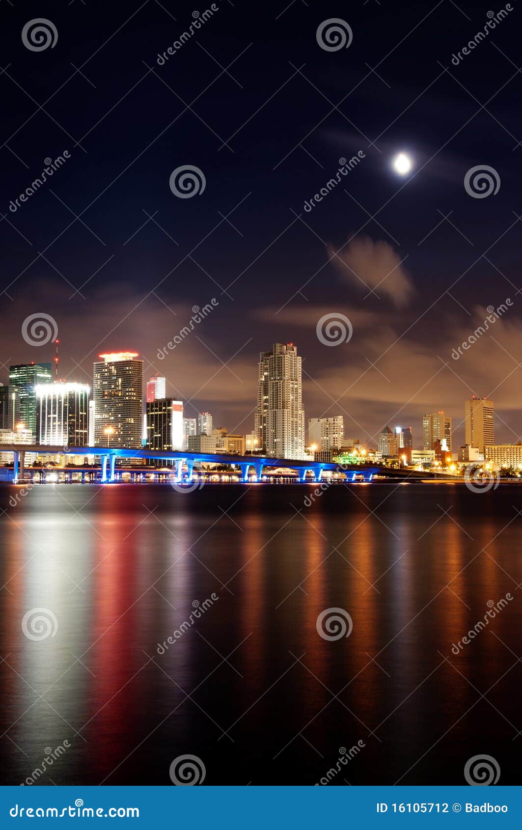 Night View of the Miami Skyline Stock Photo - Image of coastline ...