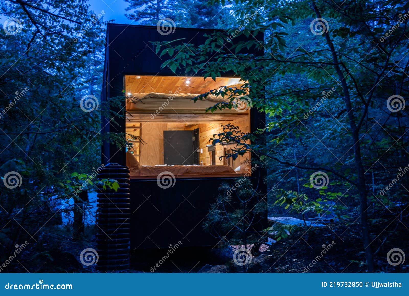 Night View of Modern Cabins in a Forest Stock Photo - Image of america ...