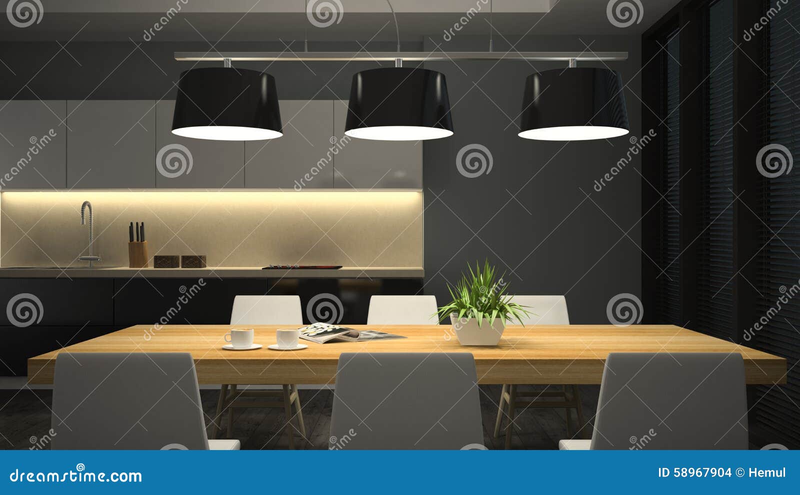 Night View Modern Interior of Dining Room Stock Illustration ...
