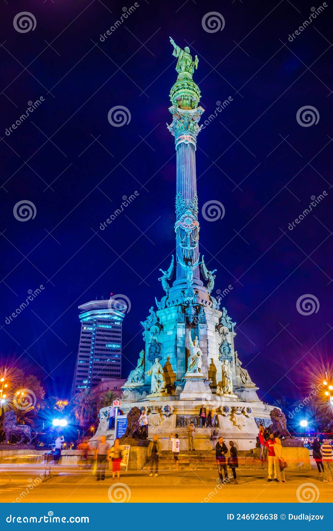 Night View of the Monument a Colom in Barcelona, Spain....IMAGE ...