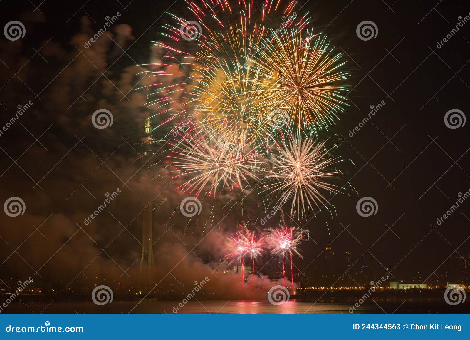 Night View of the New Year Fireworks Over Macau Tower Stock Image ...