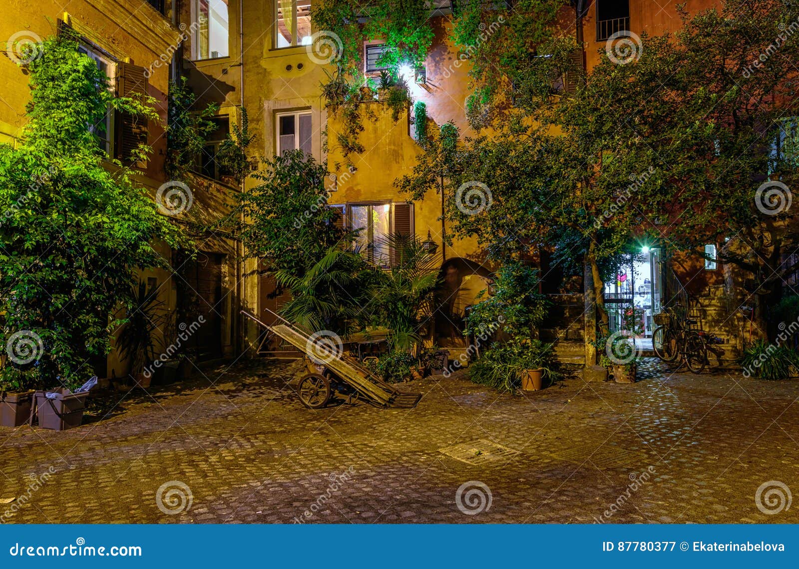 Night View of Old Cozy Courtyard in Rome Stock Image - Image of ...