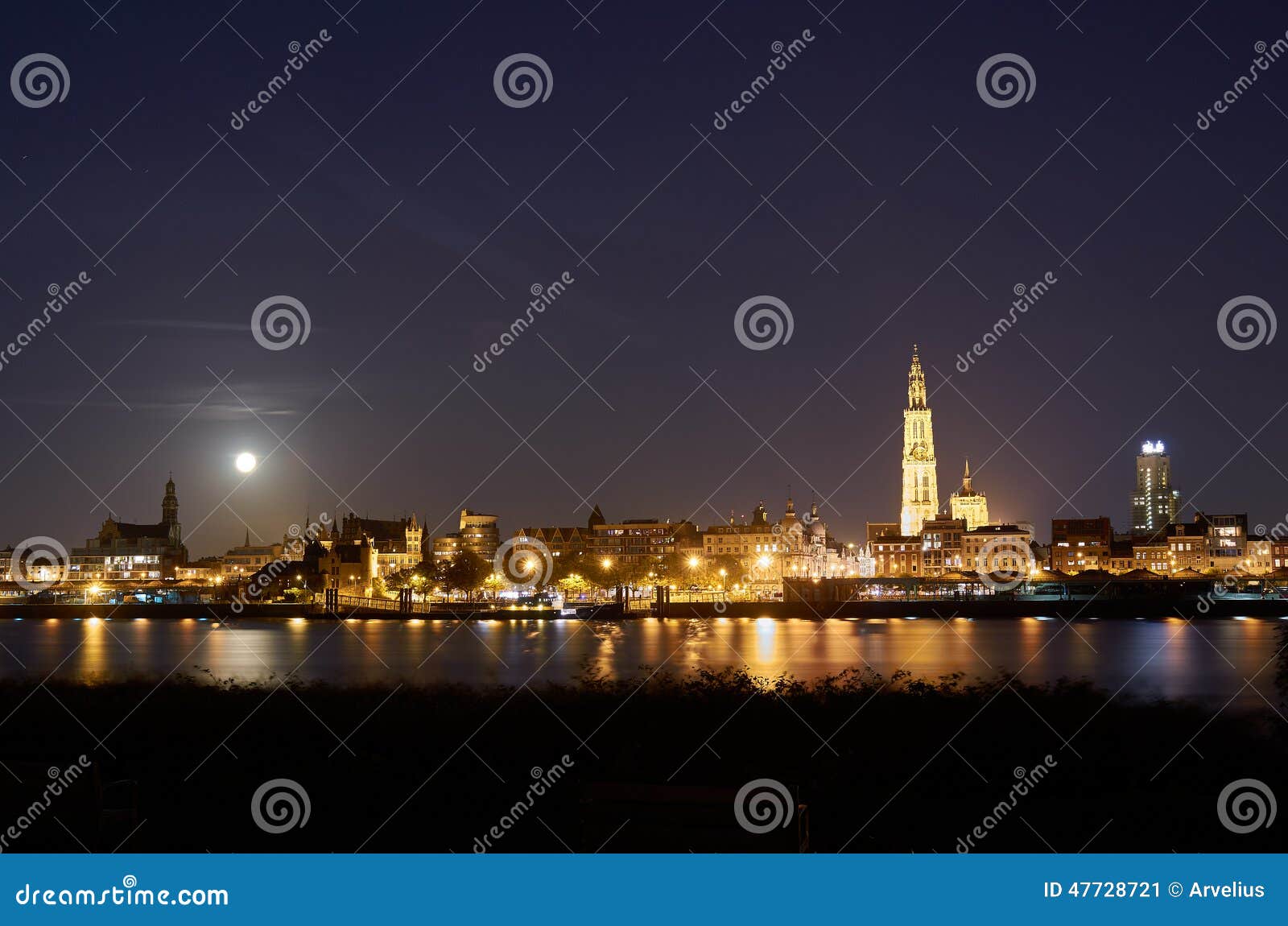 Night View Over City of Antwerp Stock Image - Image of tourists, port ...