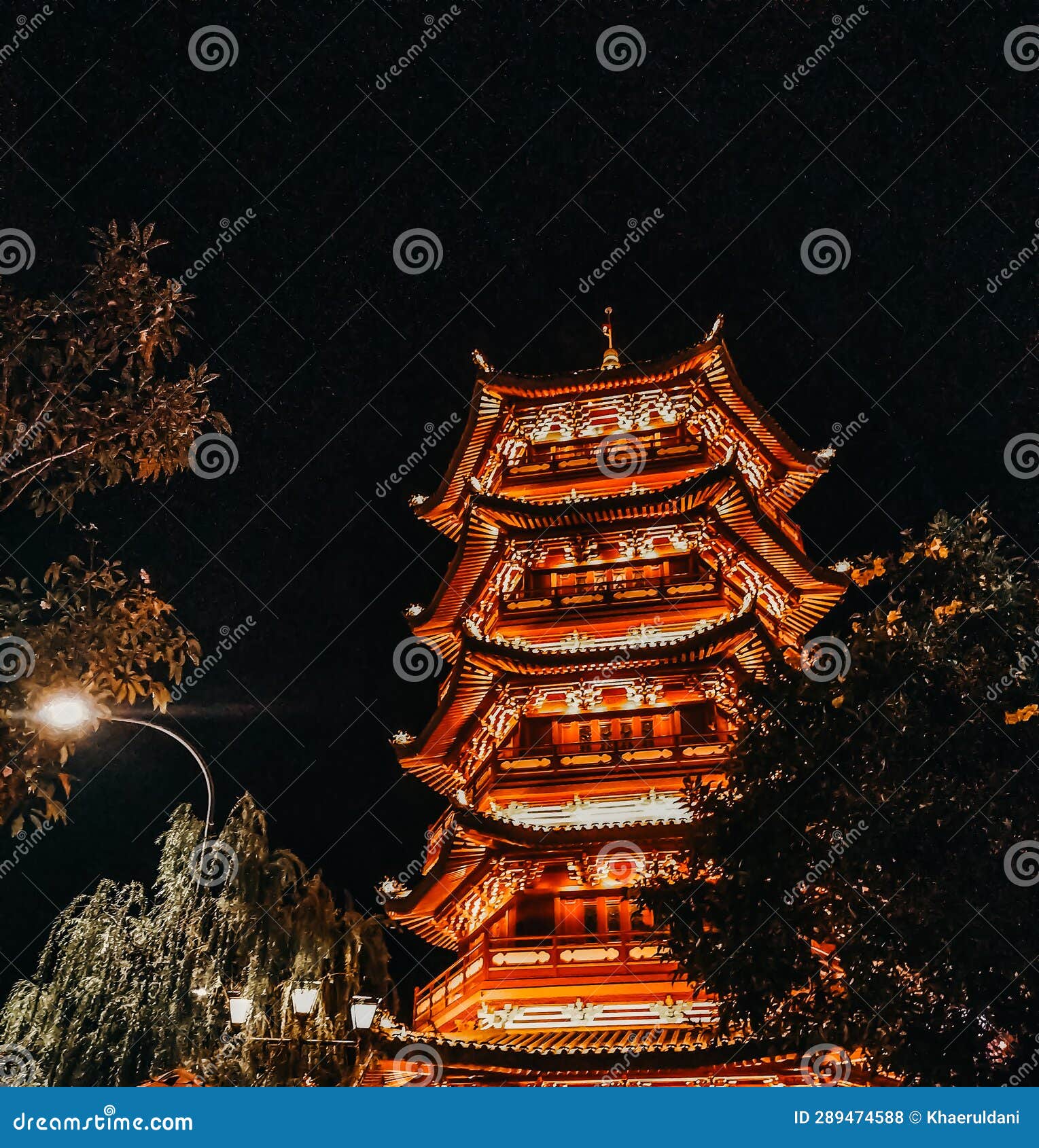Night View of Pagoda Tower among the Tree Stock Photo - Image of tower ...