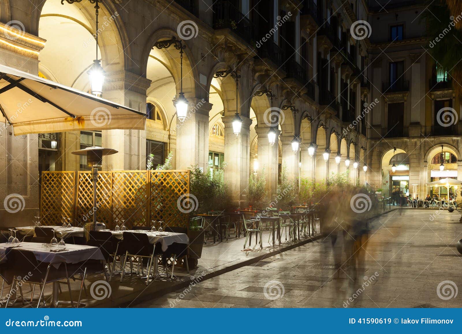 Night View of Placa Reial with Restaurants in Barcelona Stock Image ...