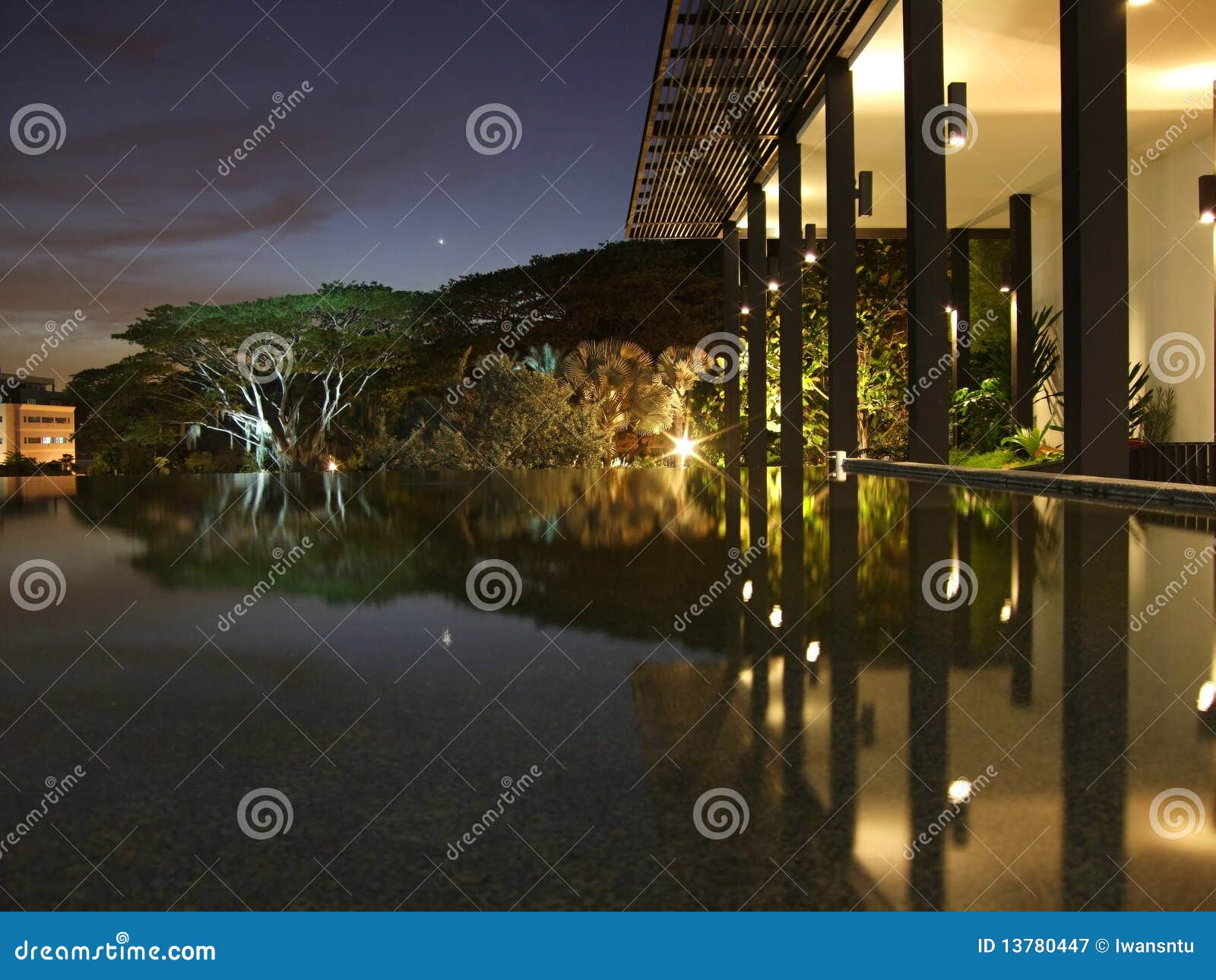 Night View of a Pond by Wooden Structures Stock Image - Image of pond ...