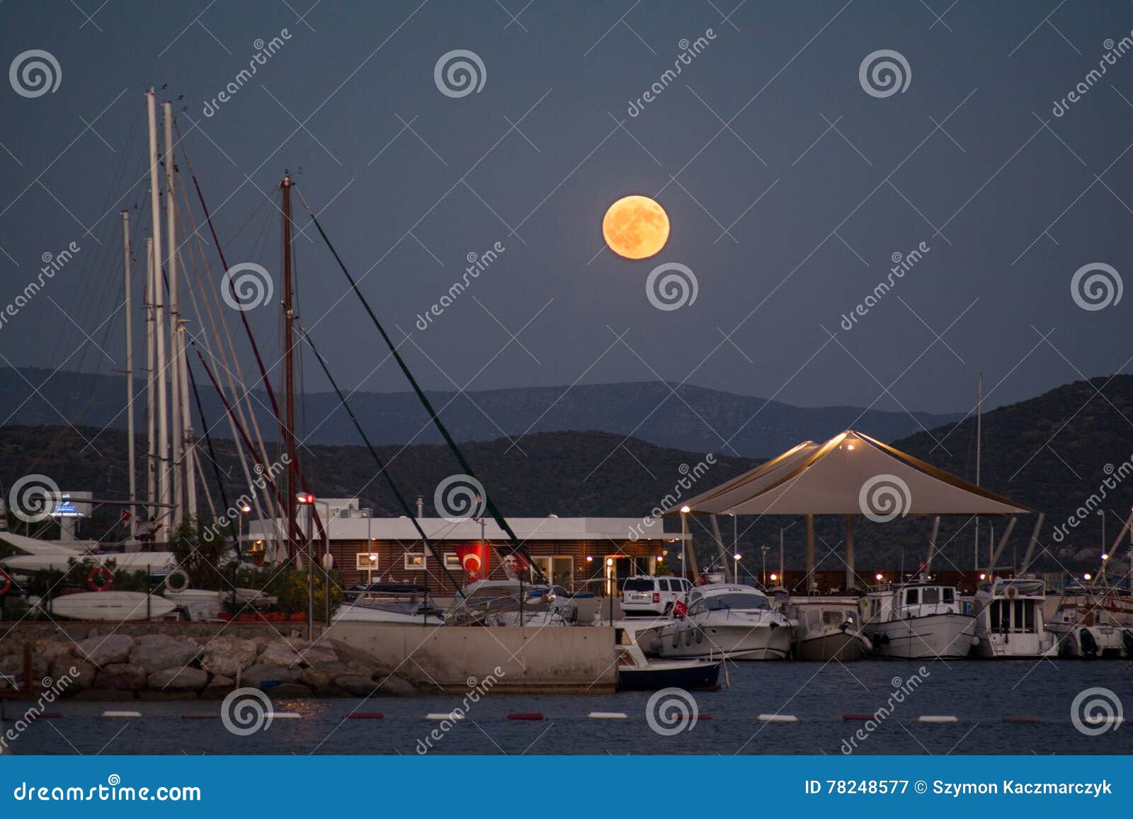 Night View of the Port. the Moon in the Sky Editorial Photography ...