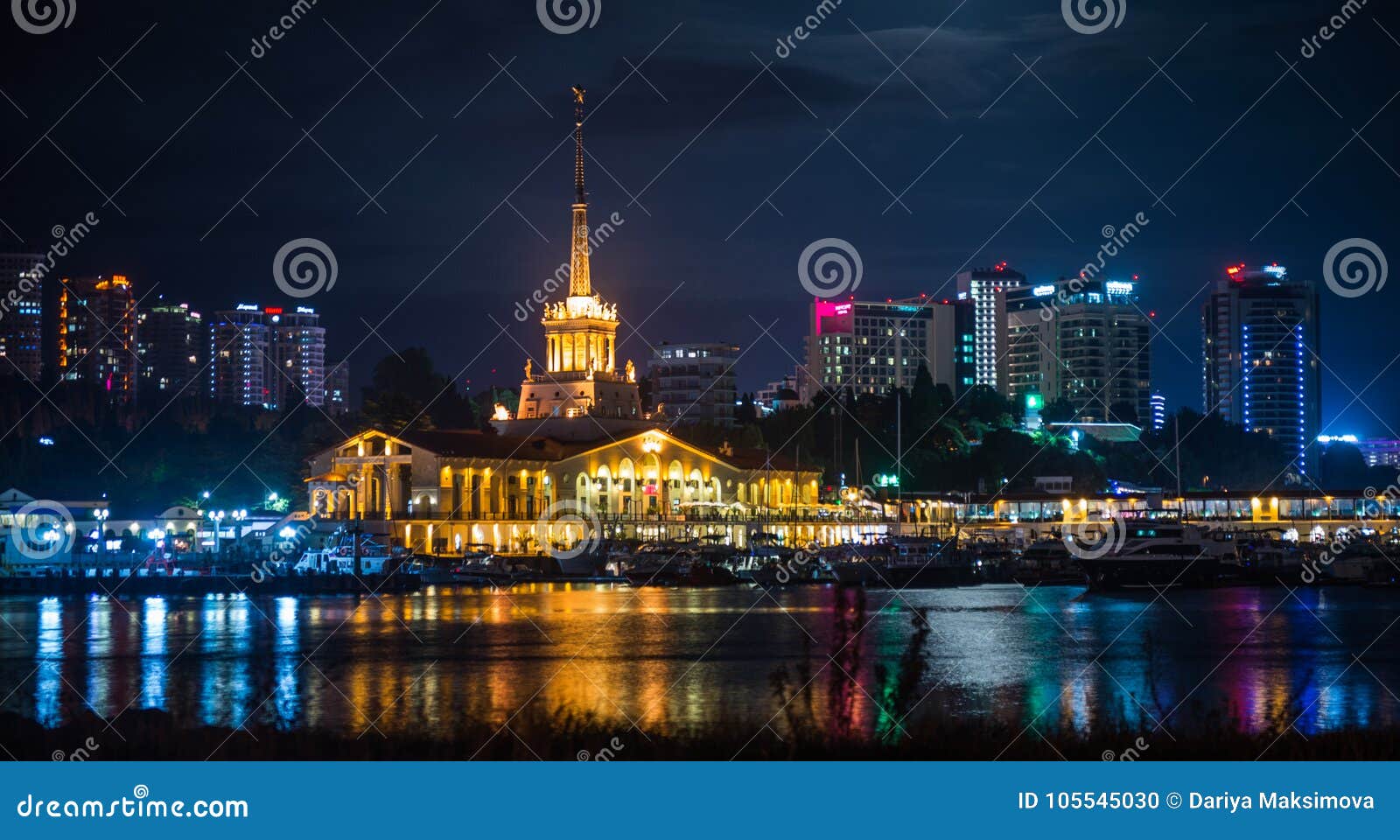 Night View of Port of Sochi Illuminated by Lights, Russia Stock Photo ...