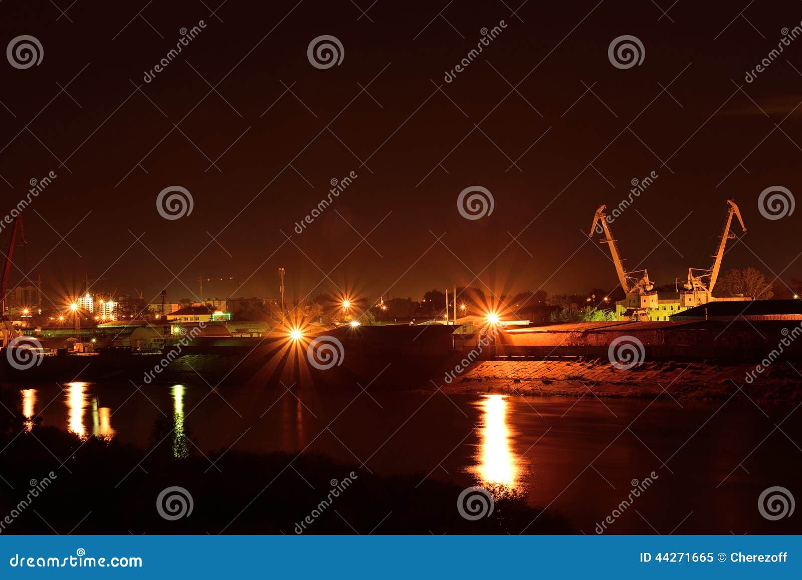 Night View of River Port. Bridge and Buildings Stock Image - Image of ...