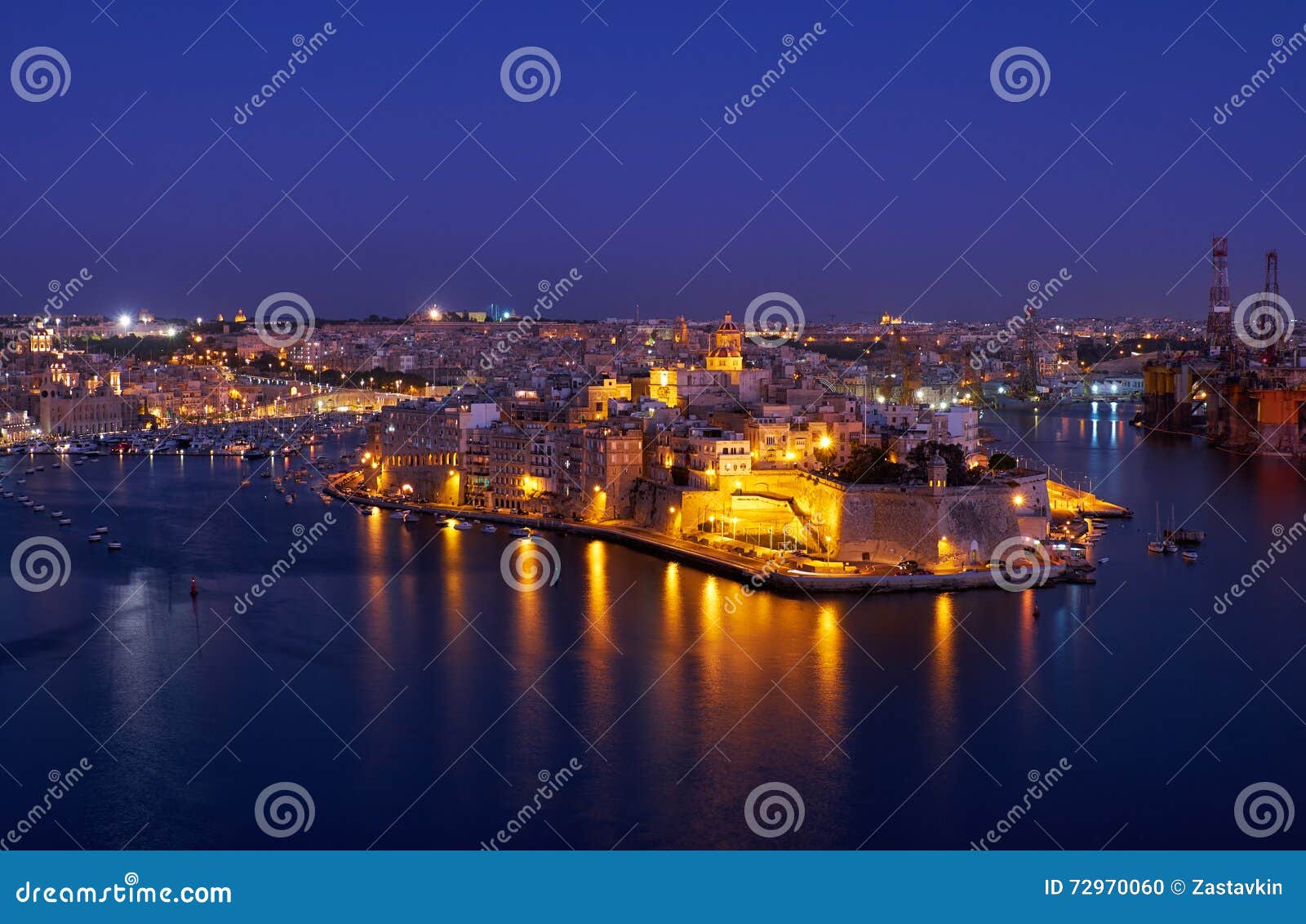 The Night View of Senglea Peninsula from Valletta, Malta Stock Photo ...