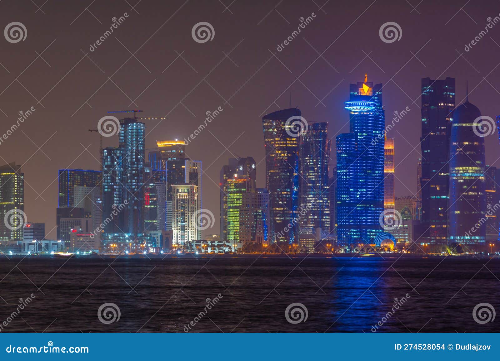 Night View of Skyline of Doha - the Capital of Qatar Stock Photo ...