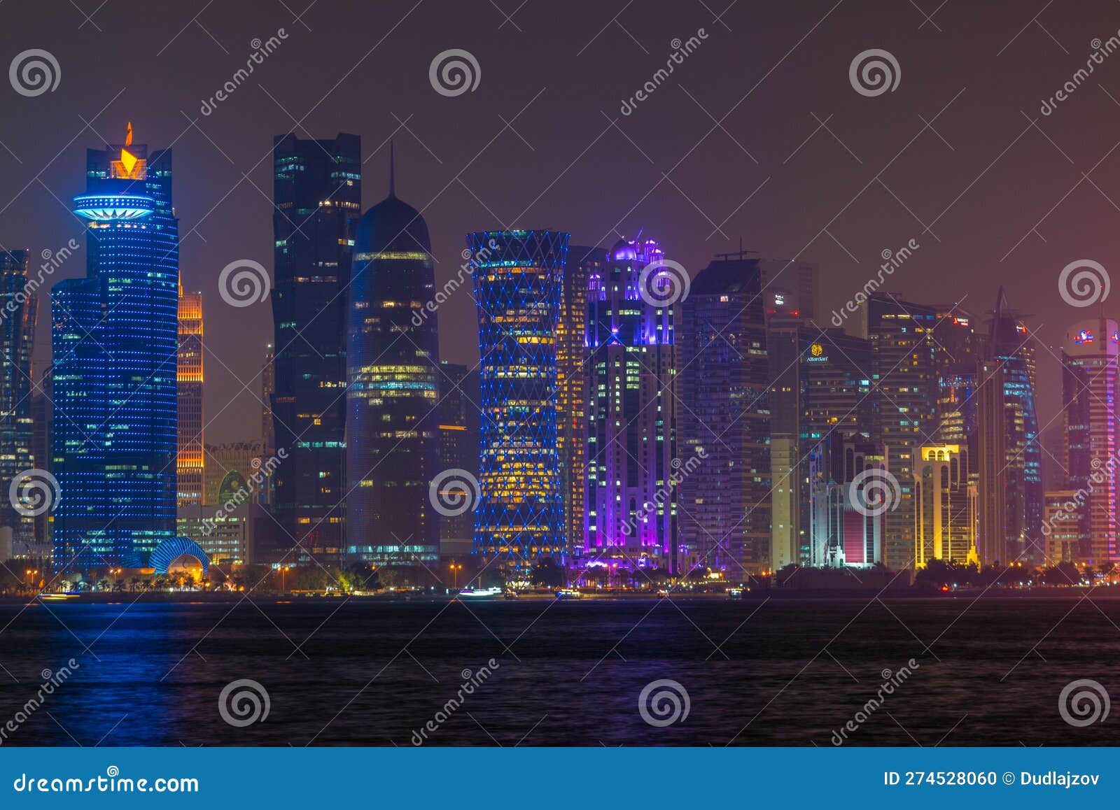 Night View of Skyline of Doha - the Capital of Qatar Stock Photo ...