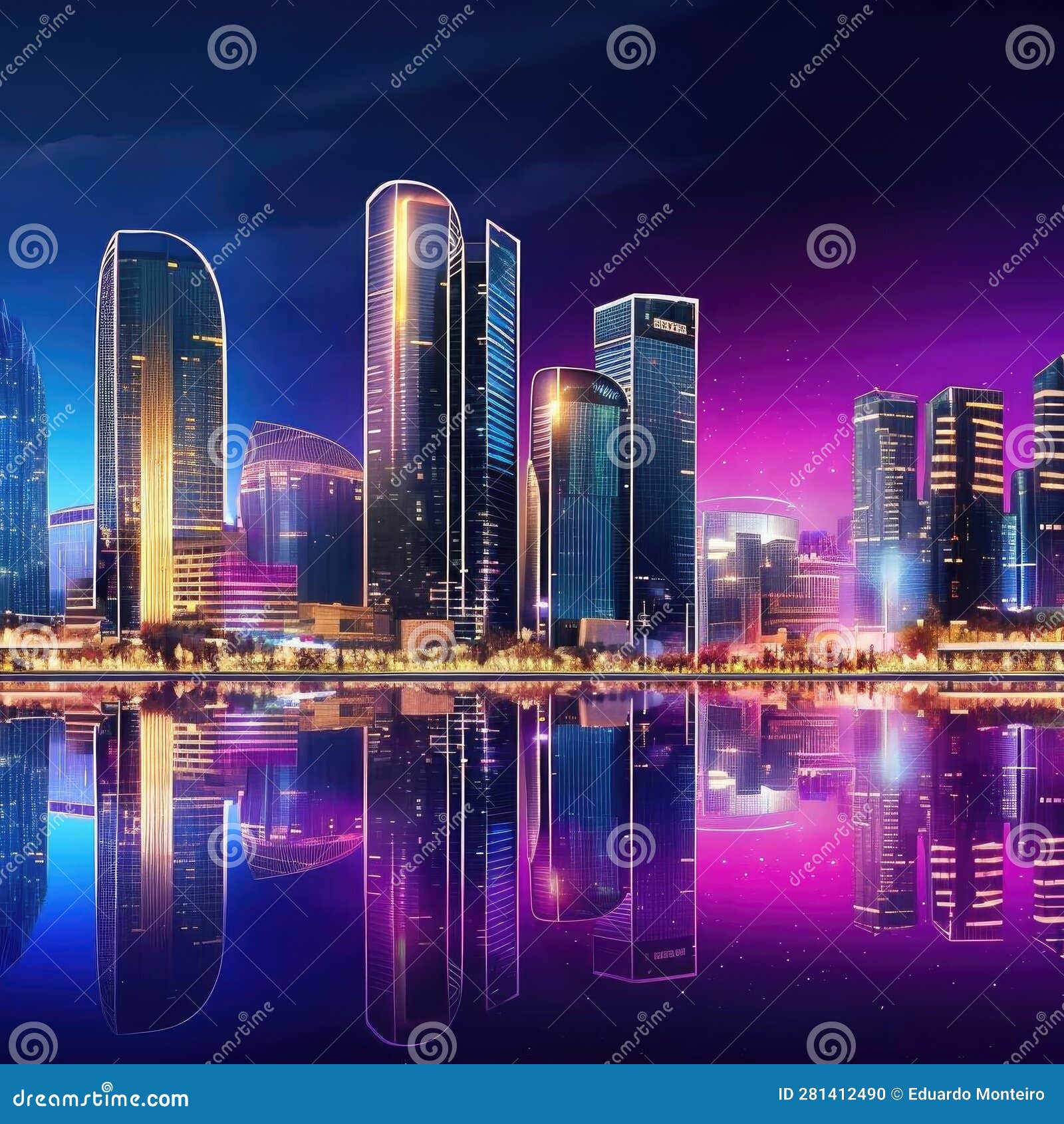 Night View of Skyscrapers with Reflection in Water Stock Illustration ...