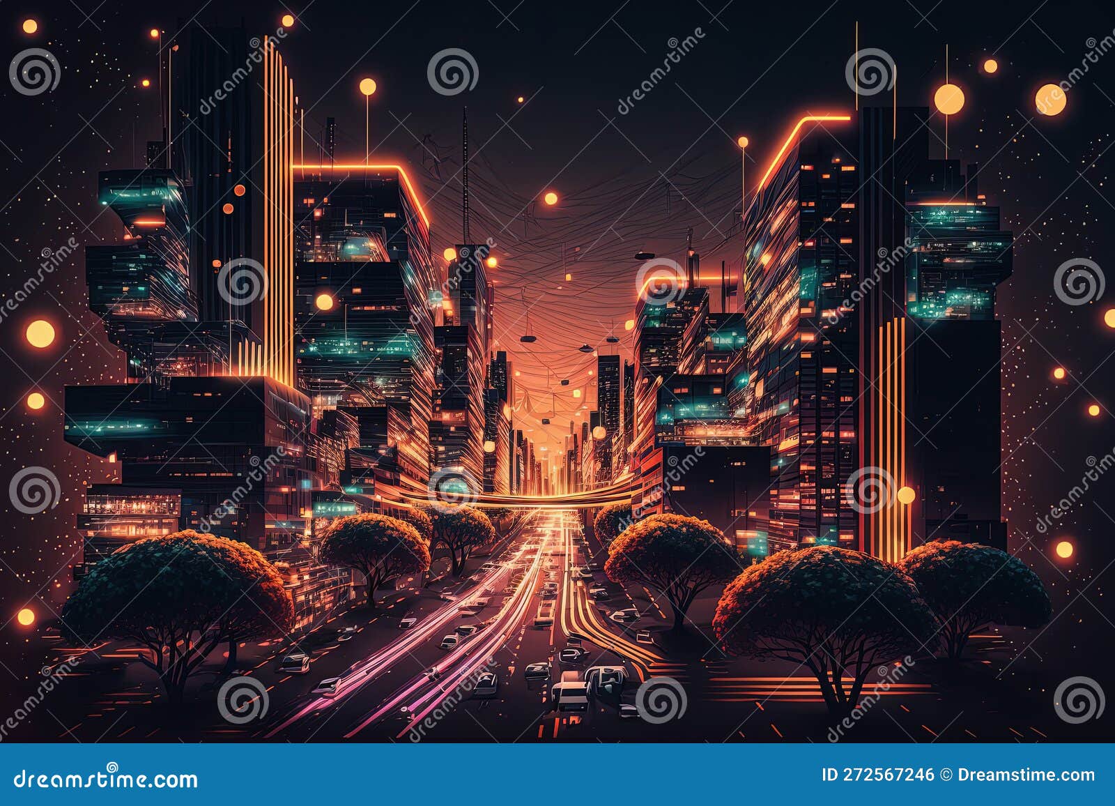 Night View of Smart City Design, Big Data Communication Network ...