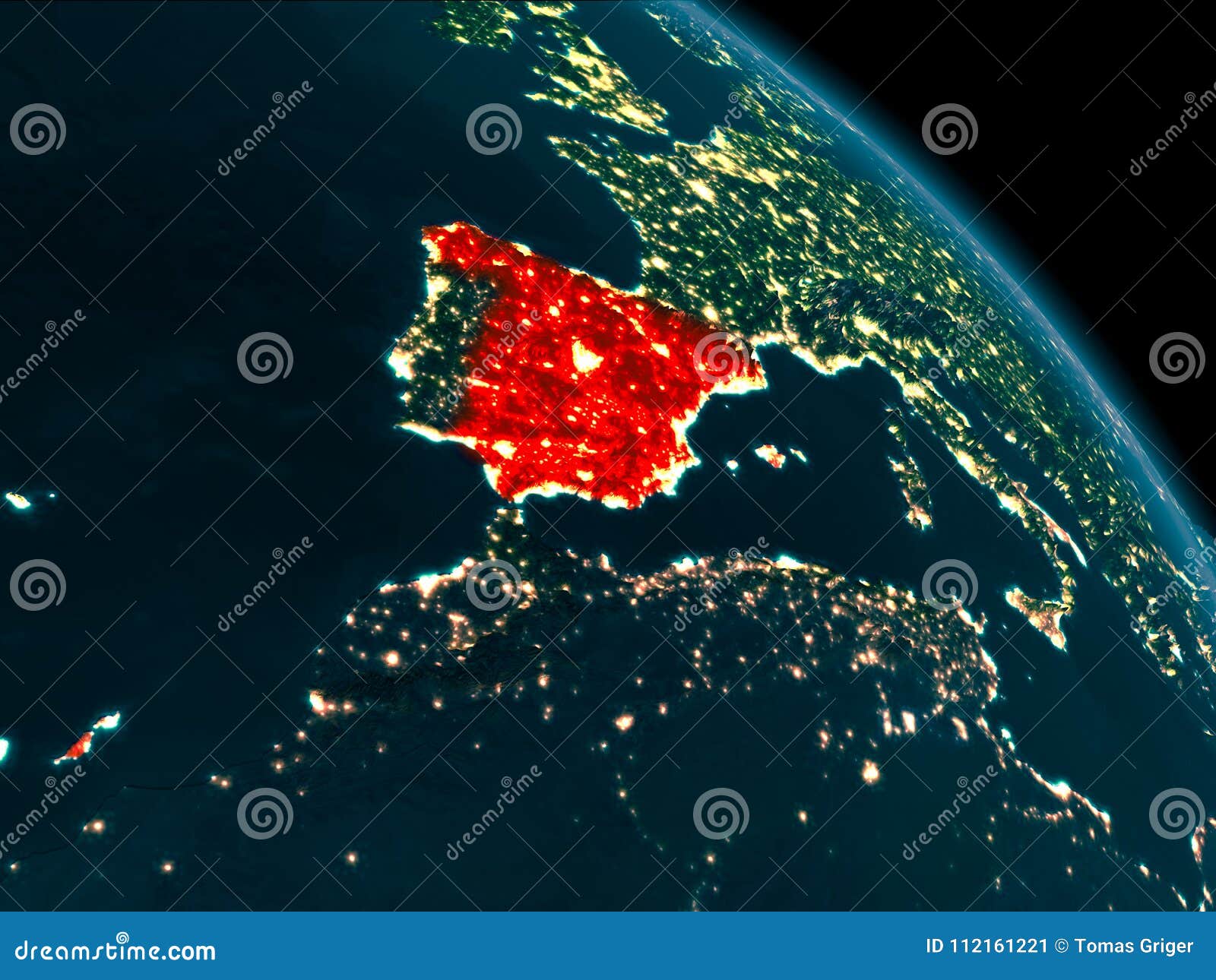 Night View of Spain on Earth Stock Illustration - Illustration of dark ...
