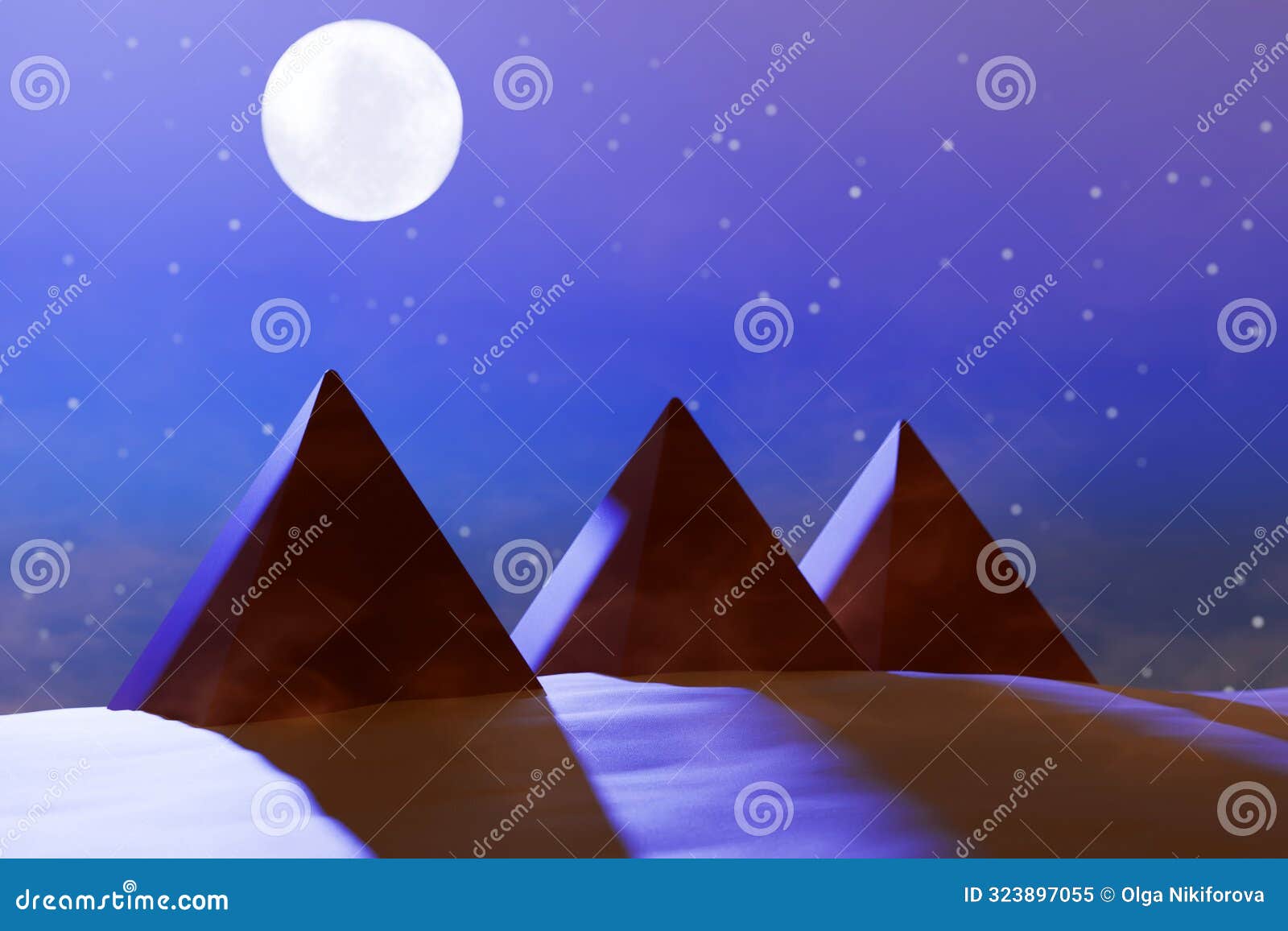 Night View of Three Pyramids Under a Full Moon with a Starry Sky. Stock ...