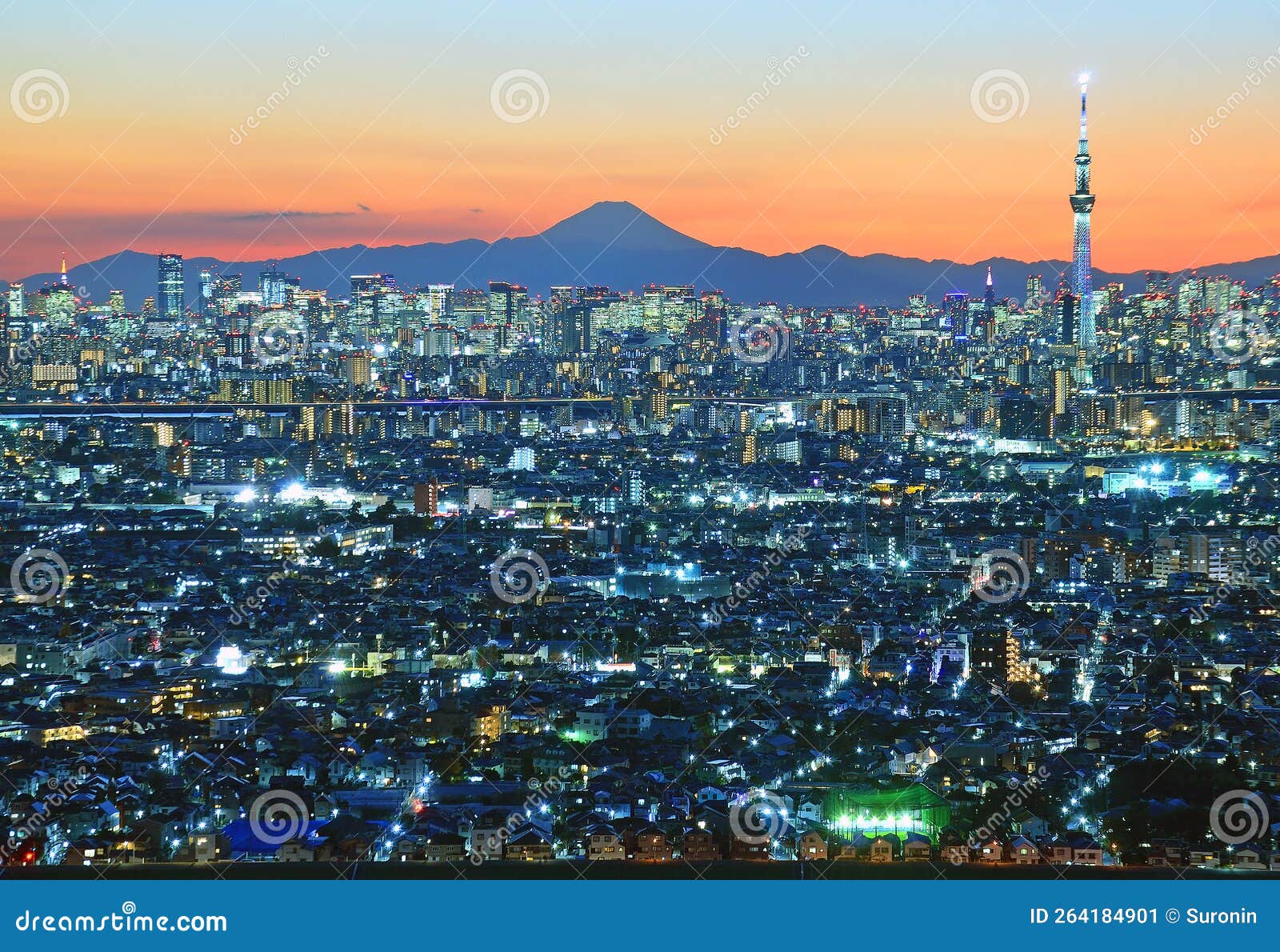 Night View of Tokyo and Silhouette of Mount Fuji Stock Image - Image of ...
