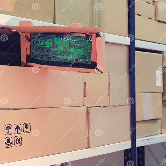 Night Warehouse and Open Box with Computer Parts, Close-up Stock Photo ...