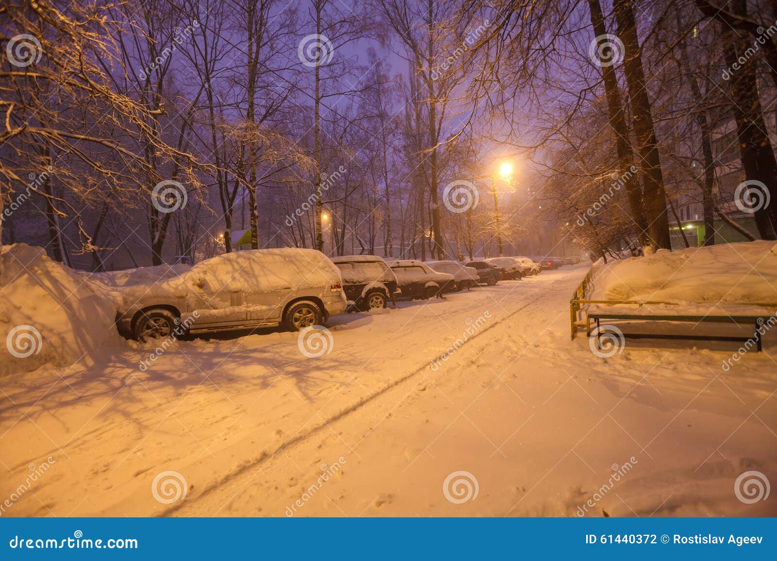 Night Winter City Scene stock photo. Image of lantern - 61440372