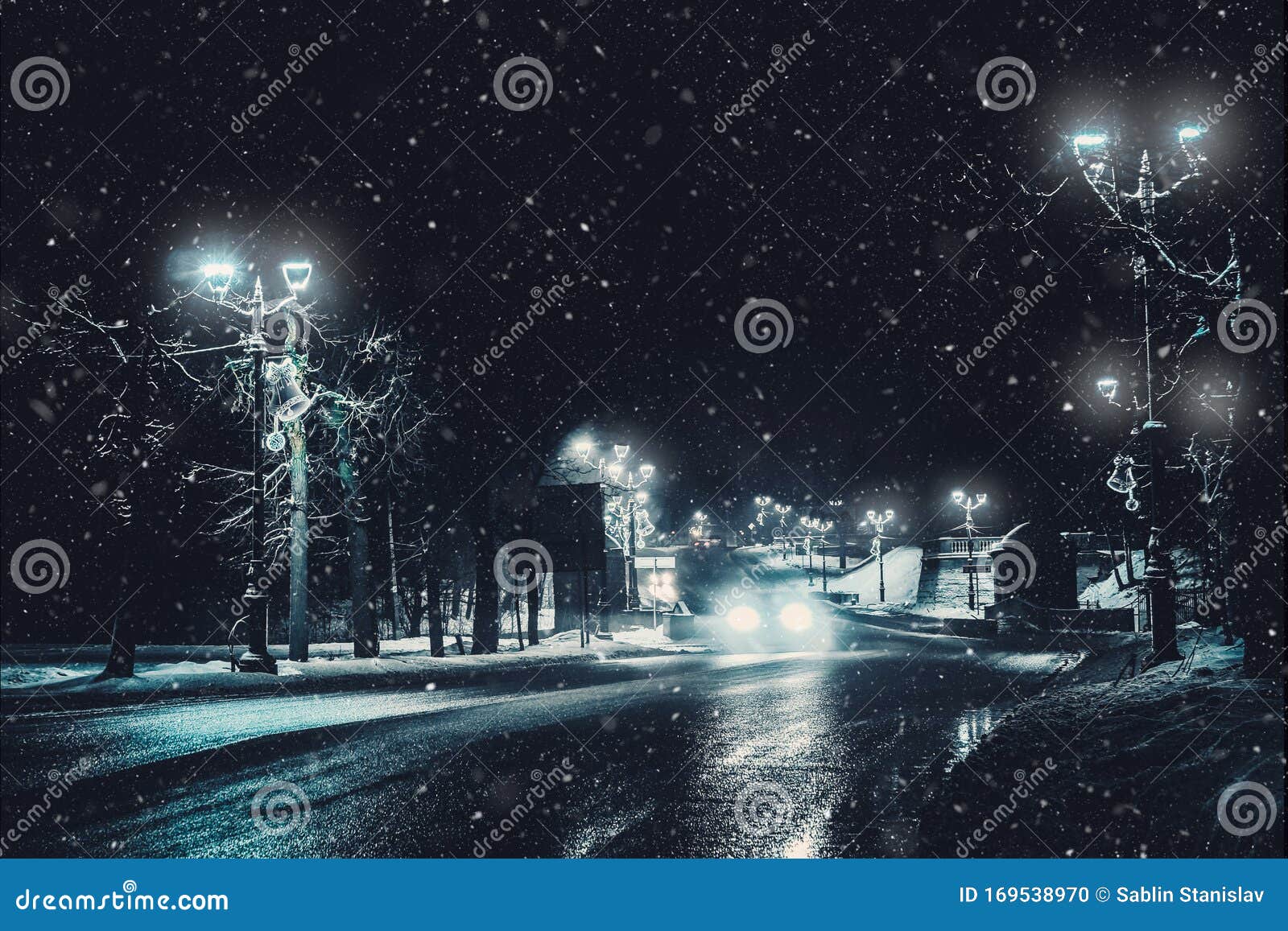 Night Winter Rural Road with Driving Car. Stock Photo - Image of nature ...