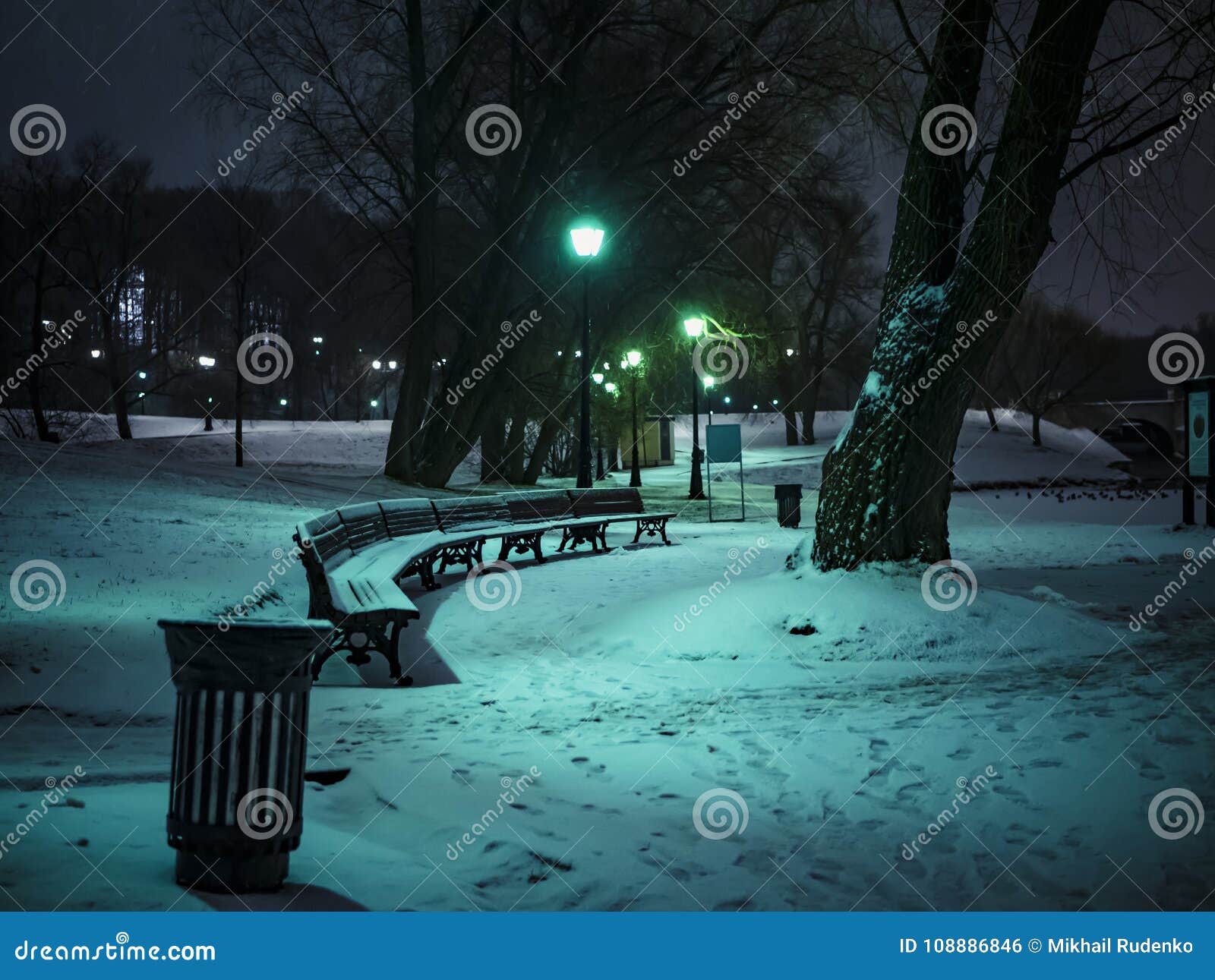 Night Winter Snow Bench in the Forest and Lights Stock Photo - Image of ...