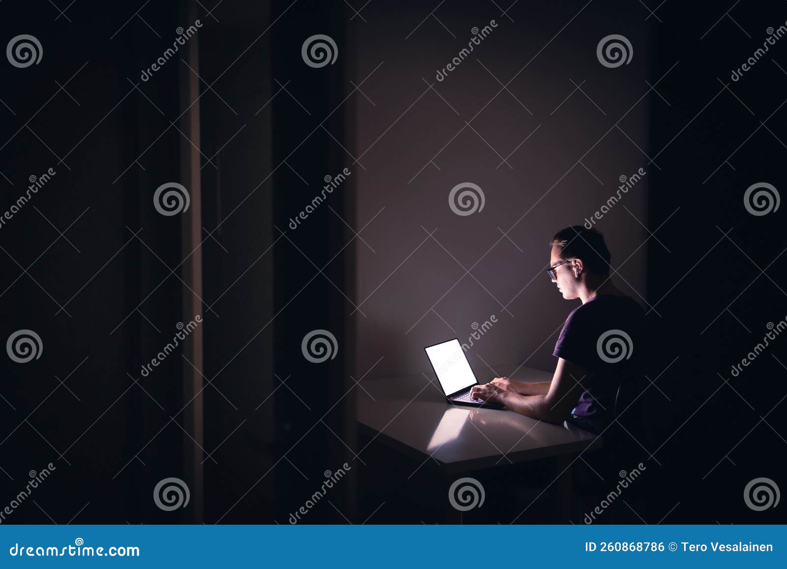 Night Work with Laptop in Dark Home Office Room. Young Man Using ...
