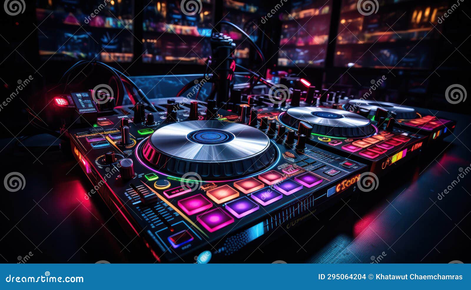Nightclub DJ Setup, Controller Illuminated by Vibrant Neon Lights Stock ...
