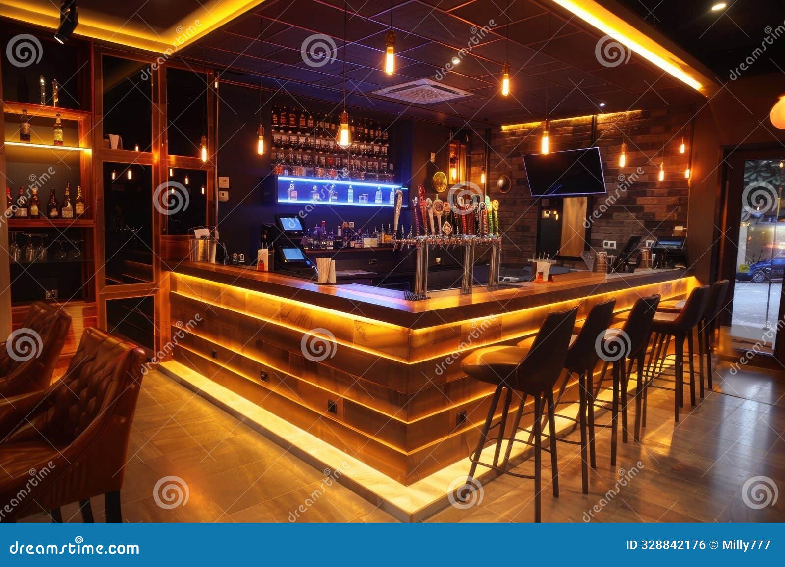 Nightclub Interior with Bar Counter, Chairs and Drinks Stock ...