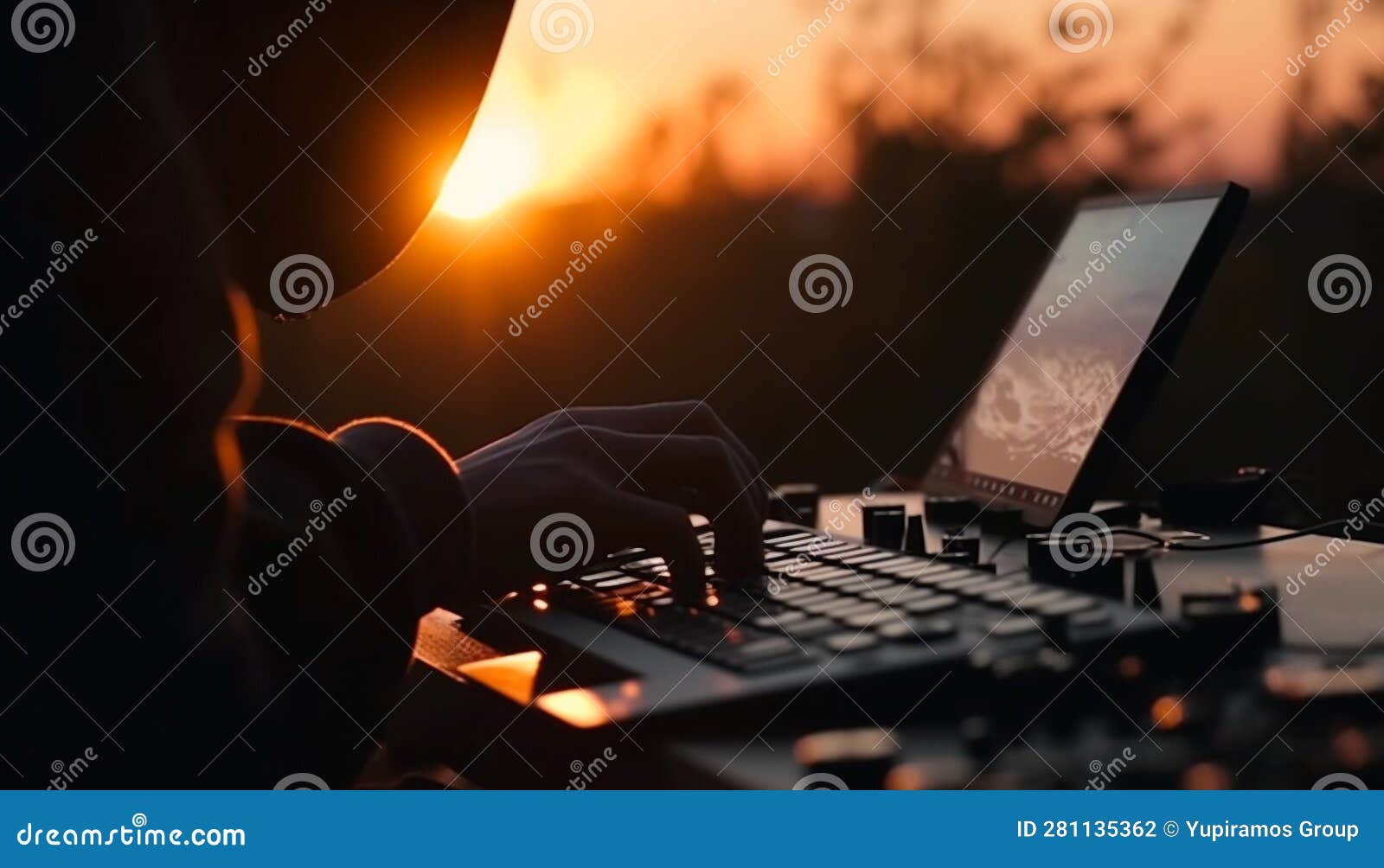 Nightlife Jockey Working Mixing Music on Computer, Back Lit Stage ...