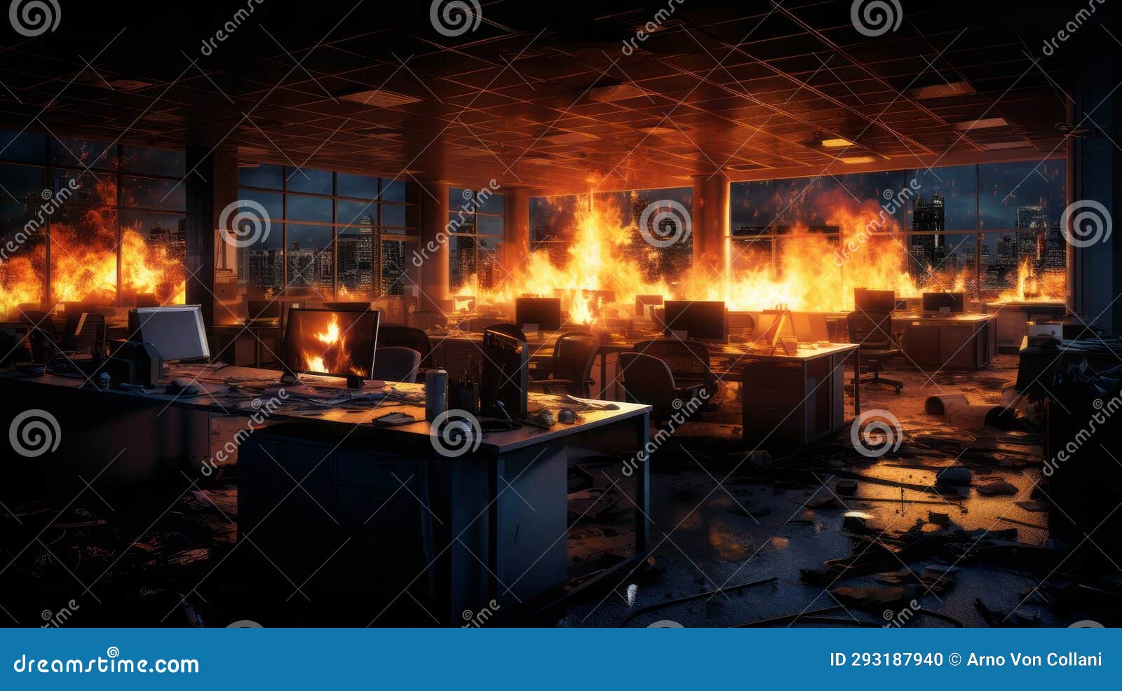 Nightmare in the Office: Intense Fire Engulfs Open Workspace Stock ...