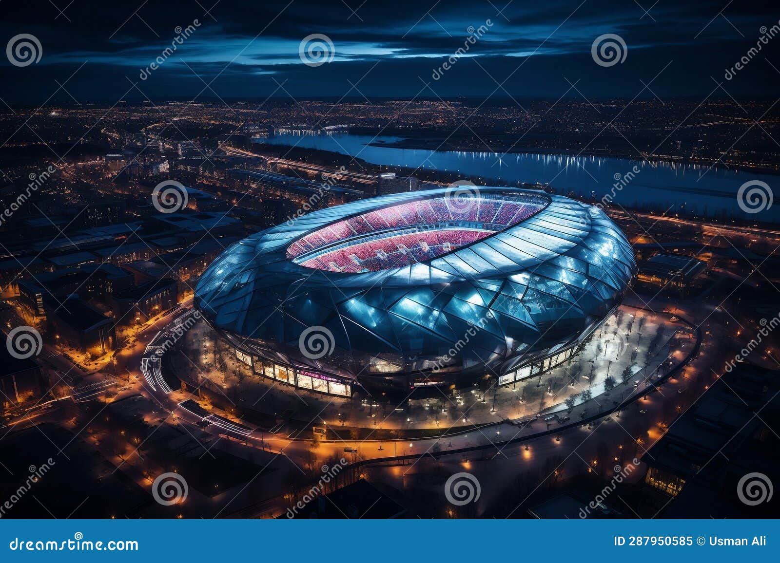 Nighttime Aerial View of Football Stadium. AI Stock Illustration ... Nighttime Aerial View of Football Stadium. AI Stock Illustration ...