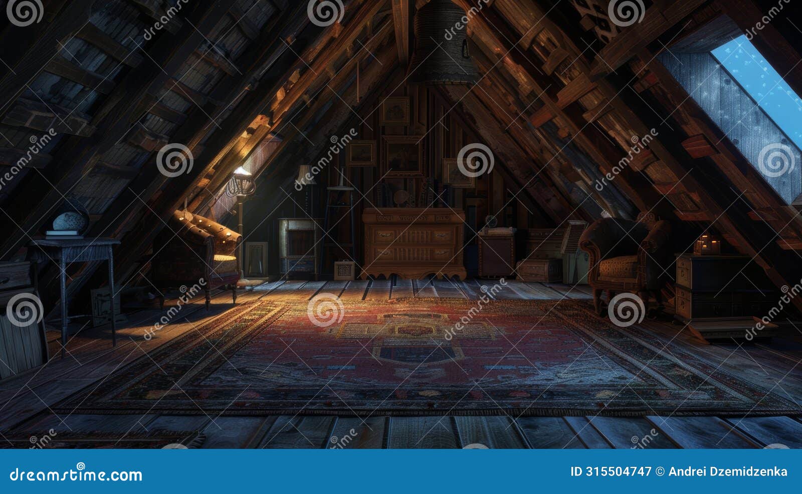 Nighttime in an Attic with Old Furniture Stock Image - Image of dark ...