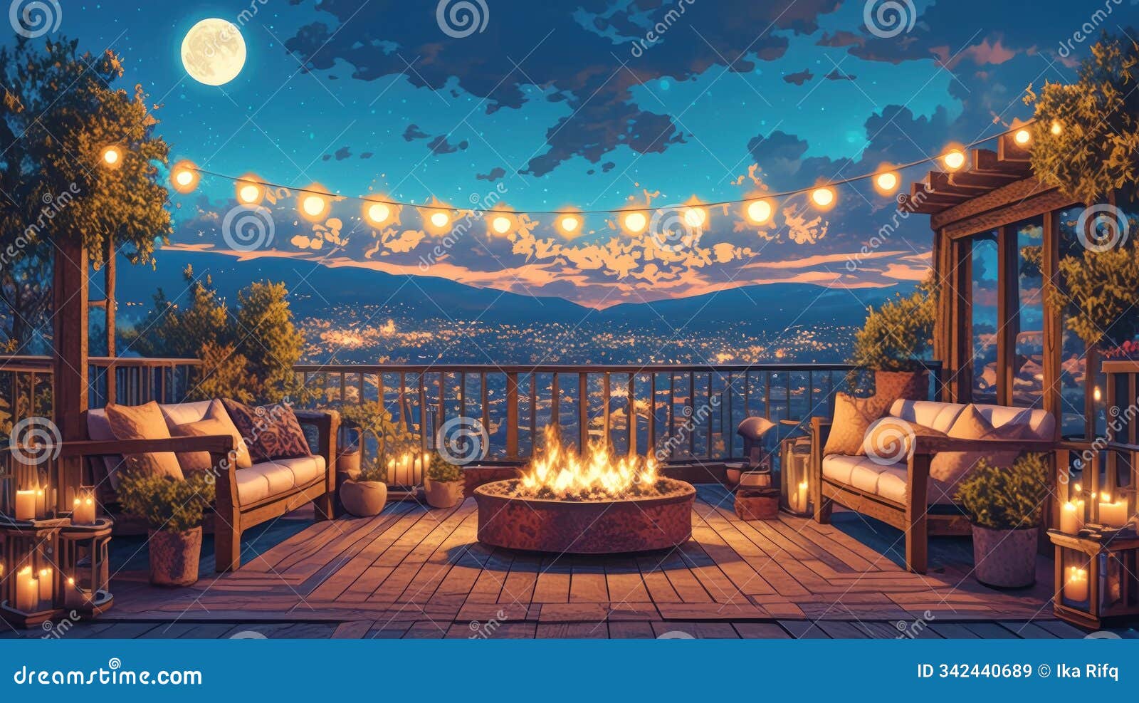 Nighttime Balcony Illustration with Fire Pit and City Lights Stock ...