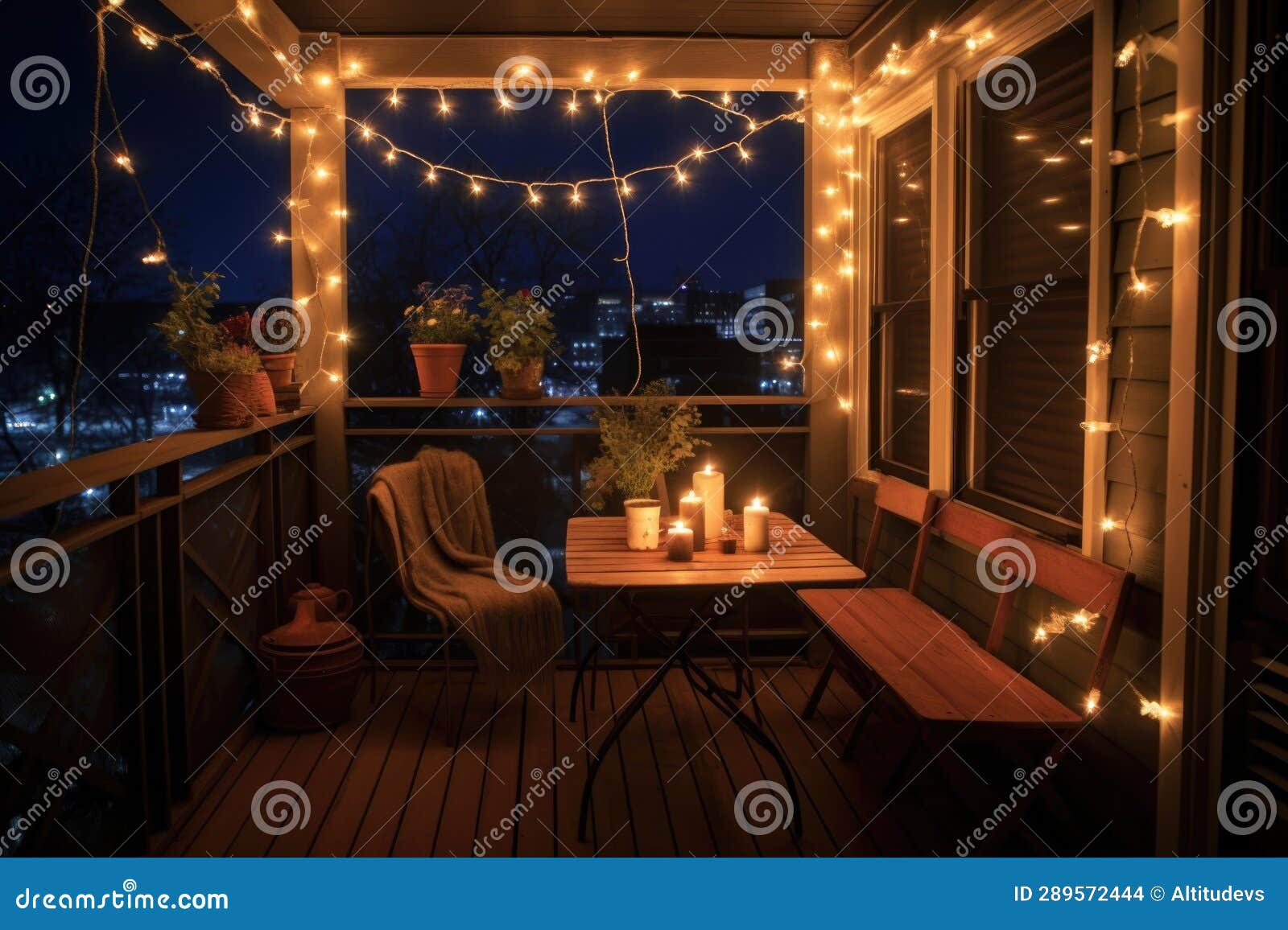 Nighttime Balcony Setting with Warm String Lights Stock Photo - Image ...