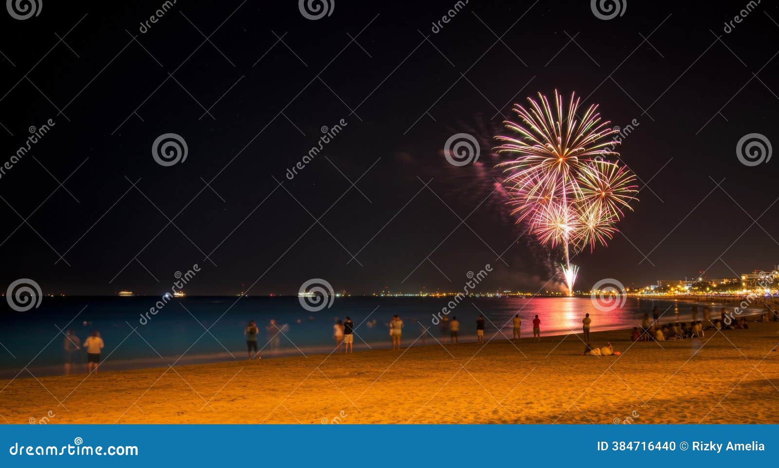 Beach Fireworks Display At Night With Palm Trees And Lanterns Royalty ...